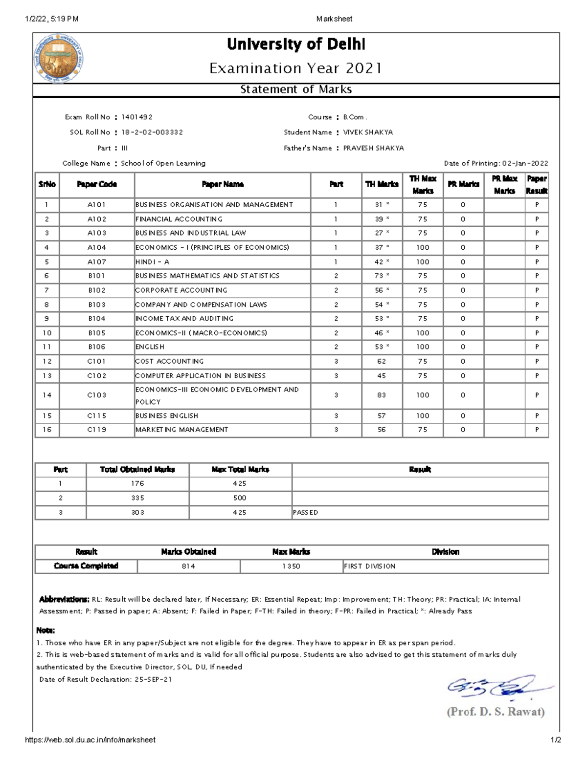 681548003 School of Open Learning Home SOL - 1/2/22, 5:19 PM Marksheet ...