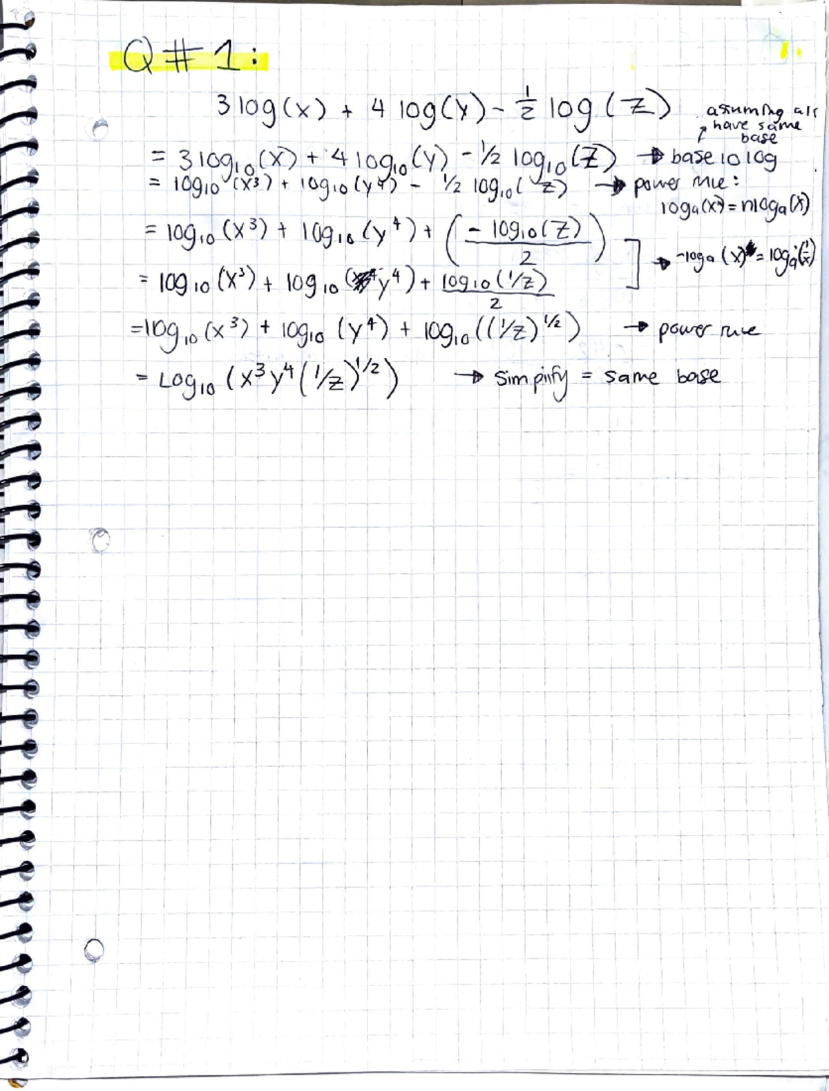 Unit #4 Test p - Question - 310g (x) 4 log(Y) log (z) assuming all have ...
