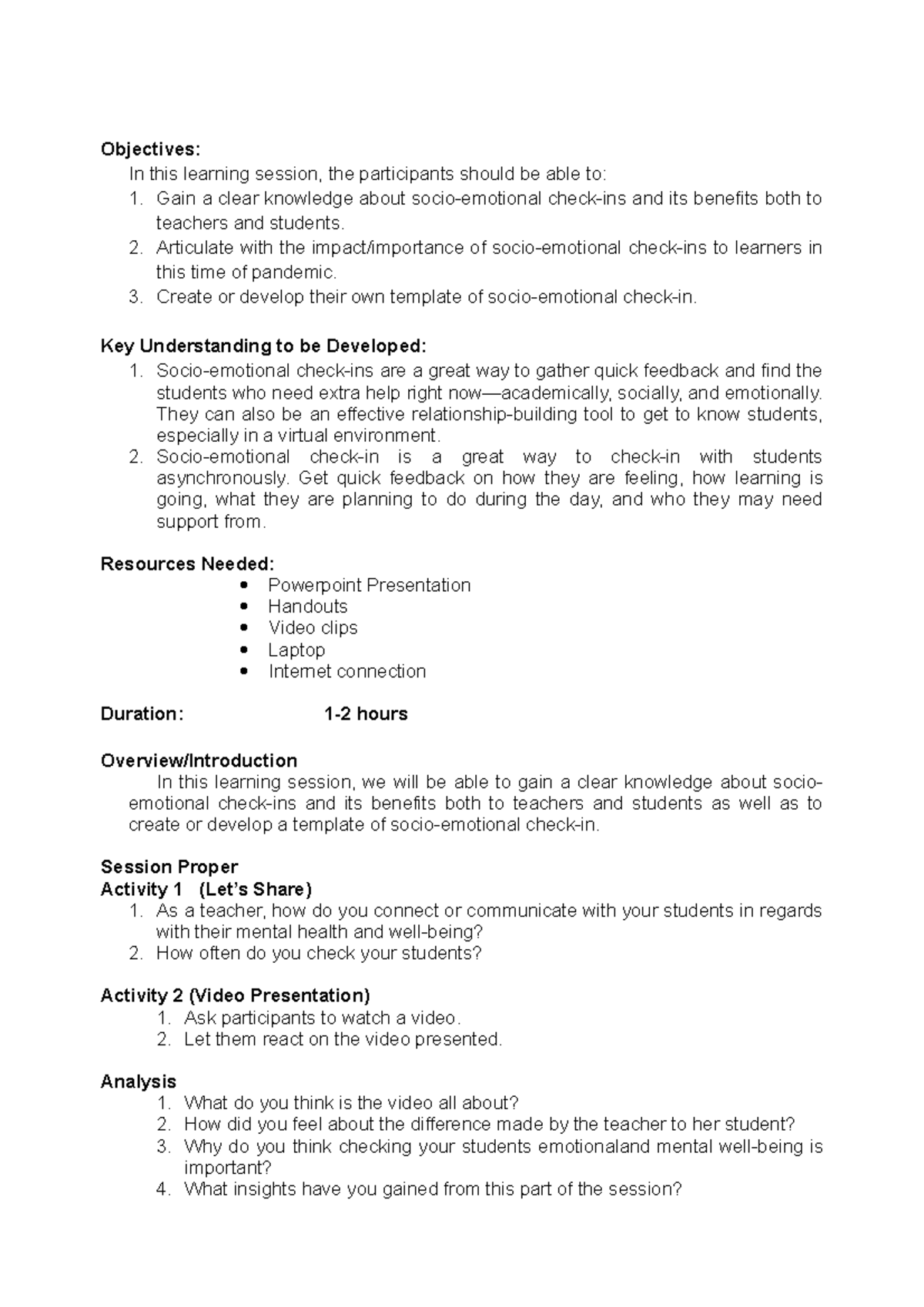 Villa Session Guide Socio Emotional Check INS - Objectives: In this ...