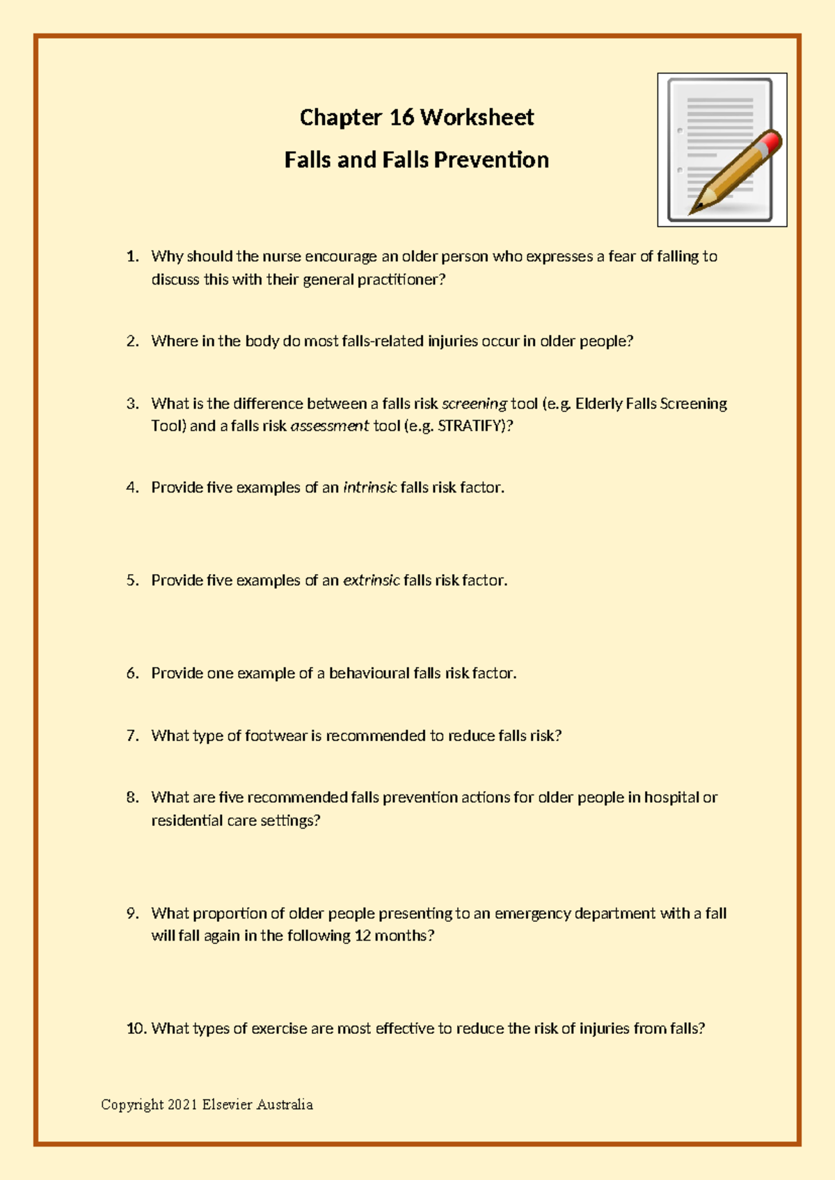 regarding objectives - Chapter 16 Worksheet Falls and Falls Prevention ...