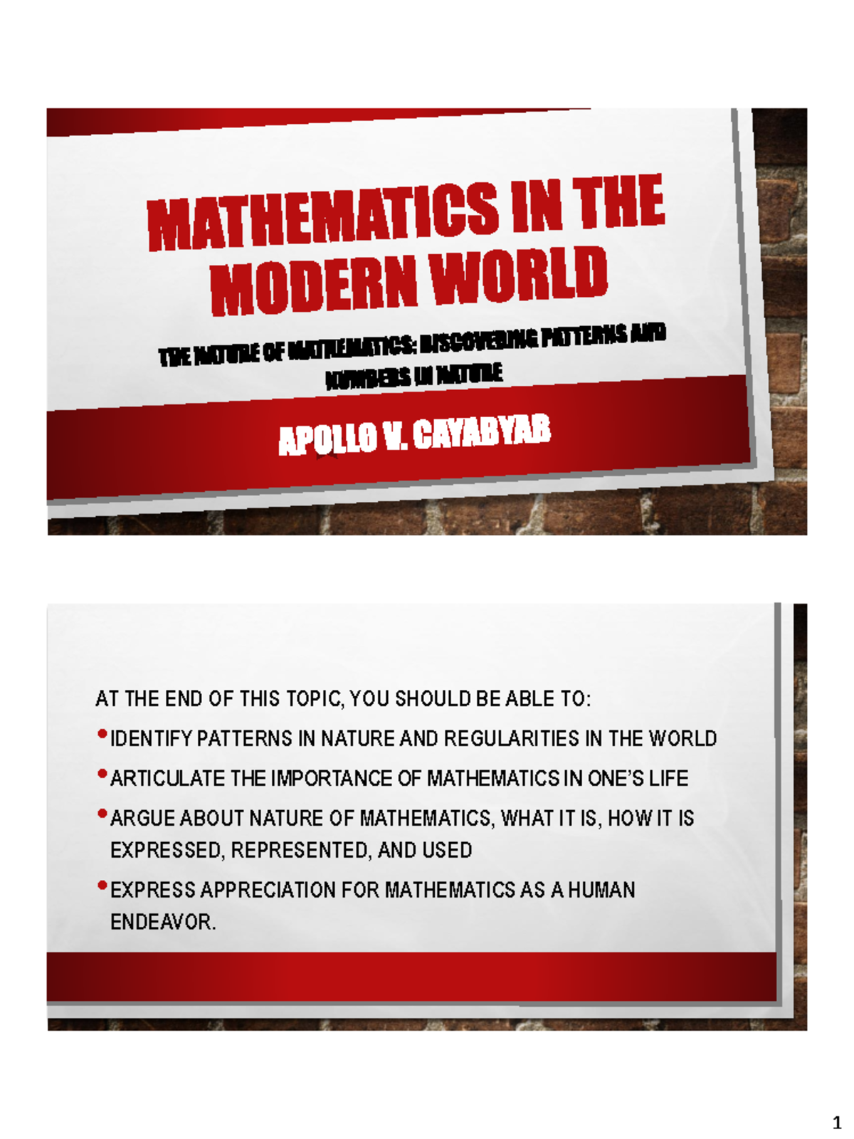 1 MMW-Week-1-Patterns-and-Number-in-Nature - AT THE END OF THIS TOPIC, YOU SHOULD BE ABLE TO ...