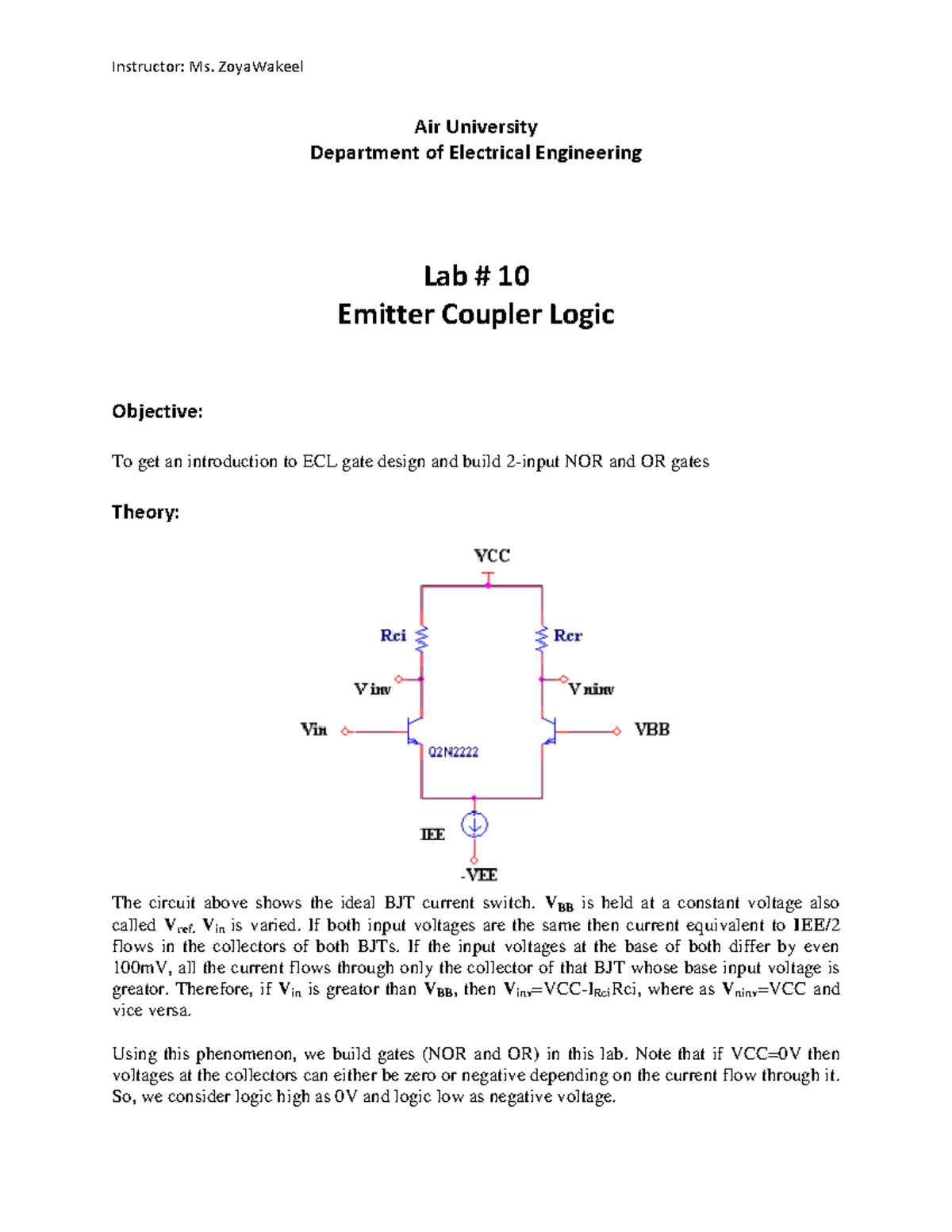 Lab 10 ECL handout - Instructor: Ms. ZoyaWakeel Air University ...