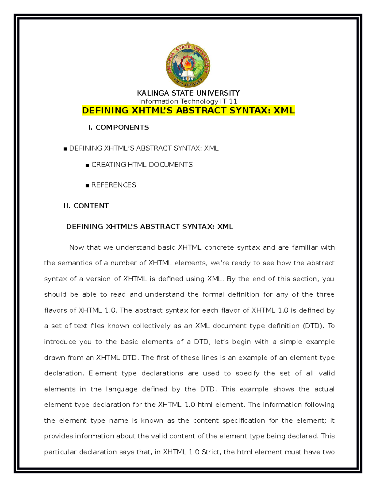 Defining Xhtmls Abstract Syntax Xml Kalinga State University Information Technology It 11