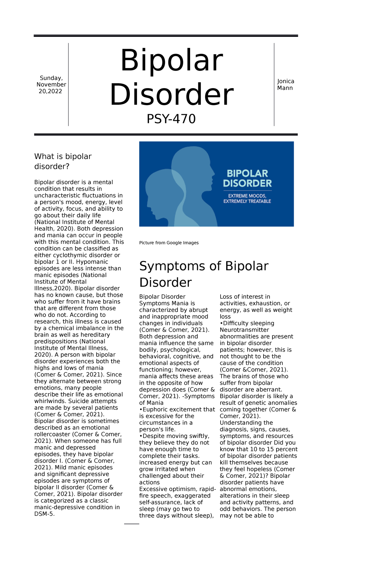 Psy470 Bipolar Disorder Newsletter 2 - Sunday, November 20, Bipolar ...