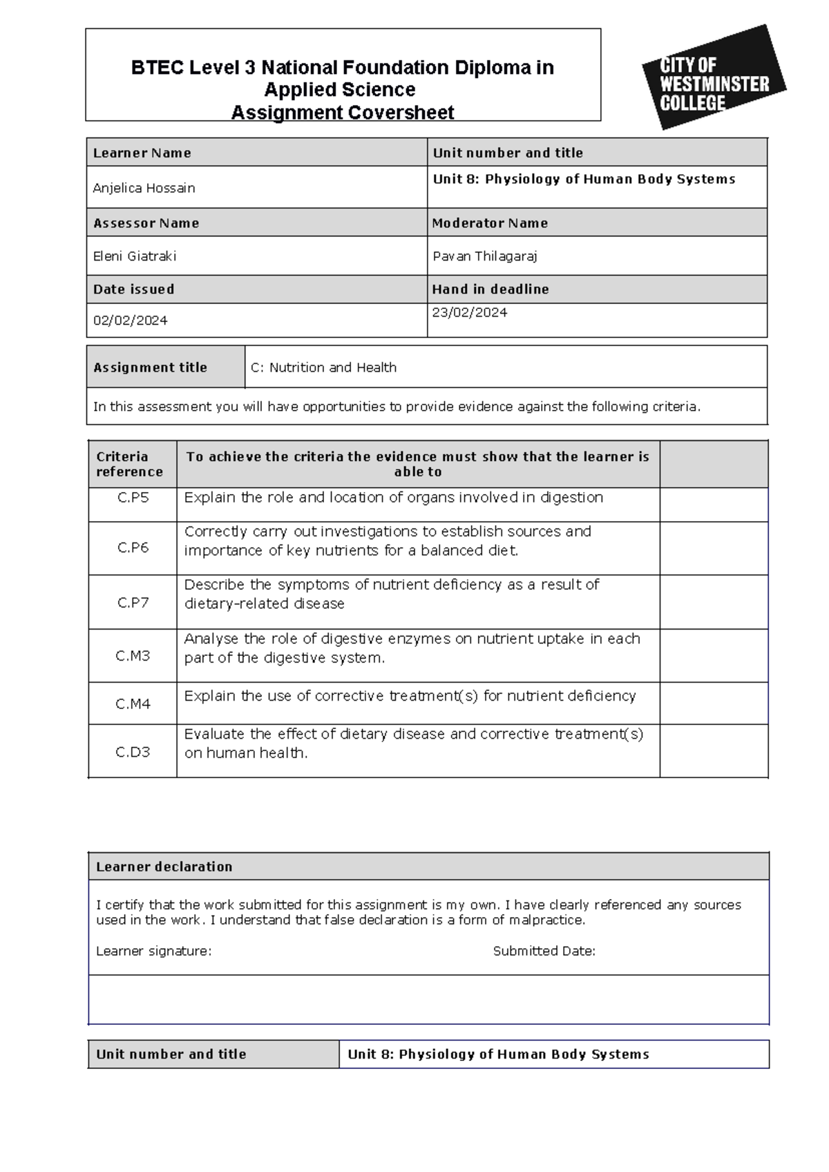 Unit 8 Assignment C Applied Science Assignment Coversheet Learner Name Unit Number And Title 8775
