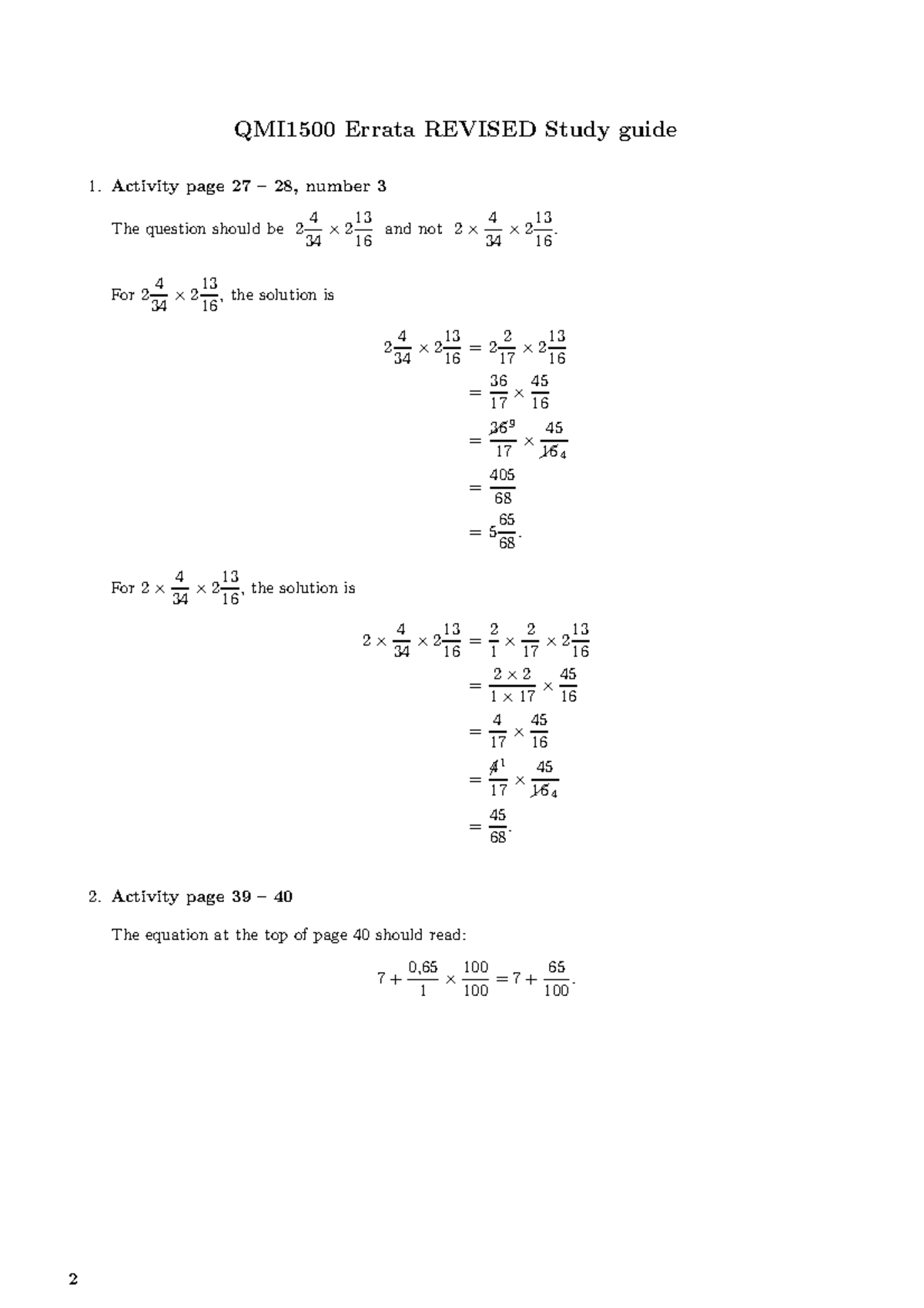 Study Guide Errata - QMI1500 Errata REVISED Study guide Activity page ...