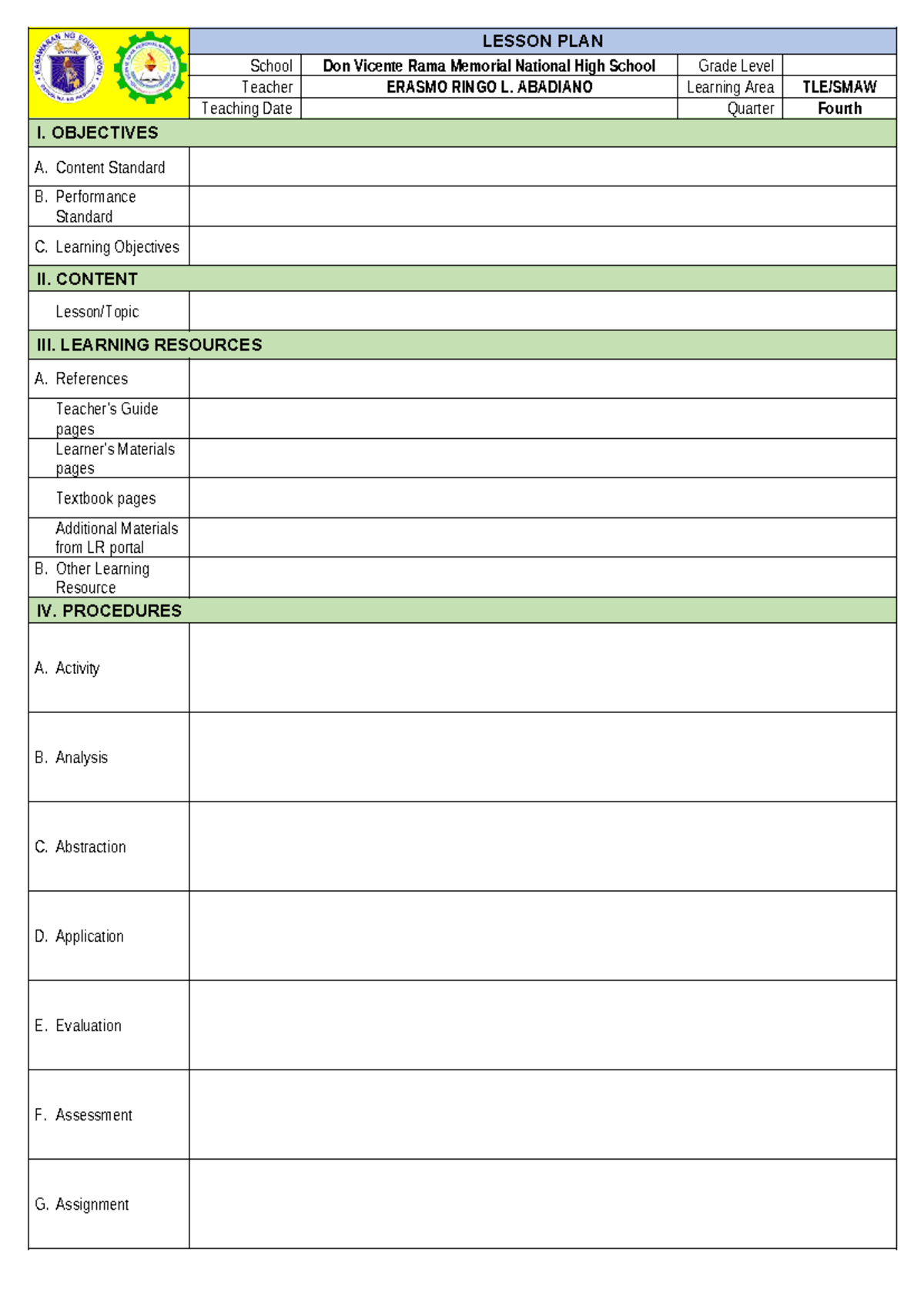 Lesson-Plan-Apply-Safety-Practices - LESSON PLAN School Don Vicente ...