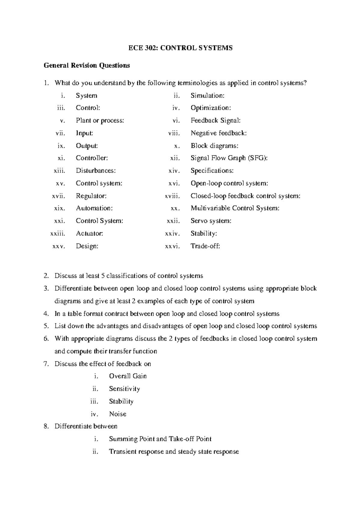 ECE 302 Control Systems questions - ECE 302 : CONTROL SYSTEMS General ...
