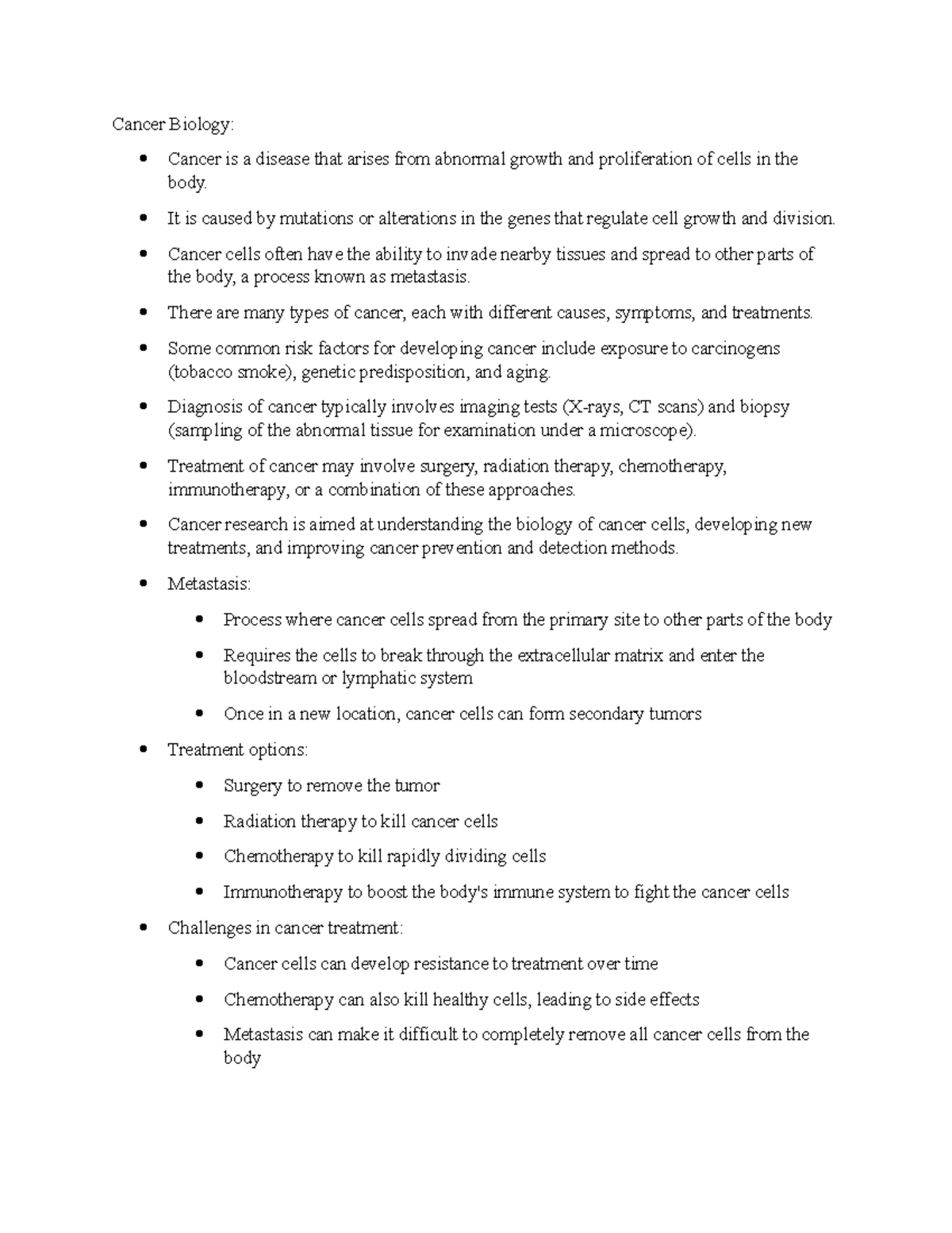 Cancer Biology Notes 2 - Cancer Biology: Cancer is a disease that ...