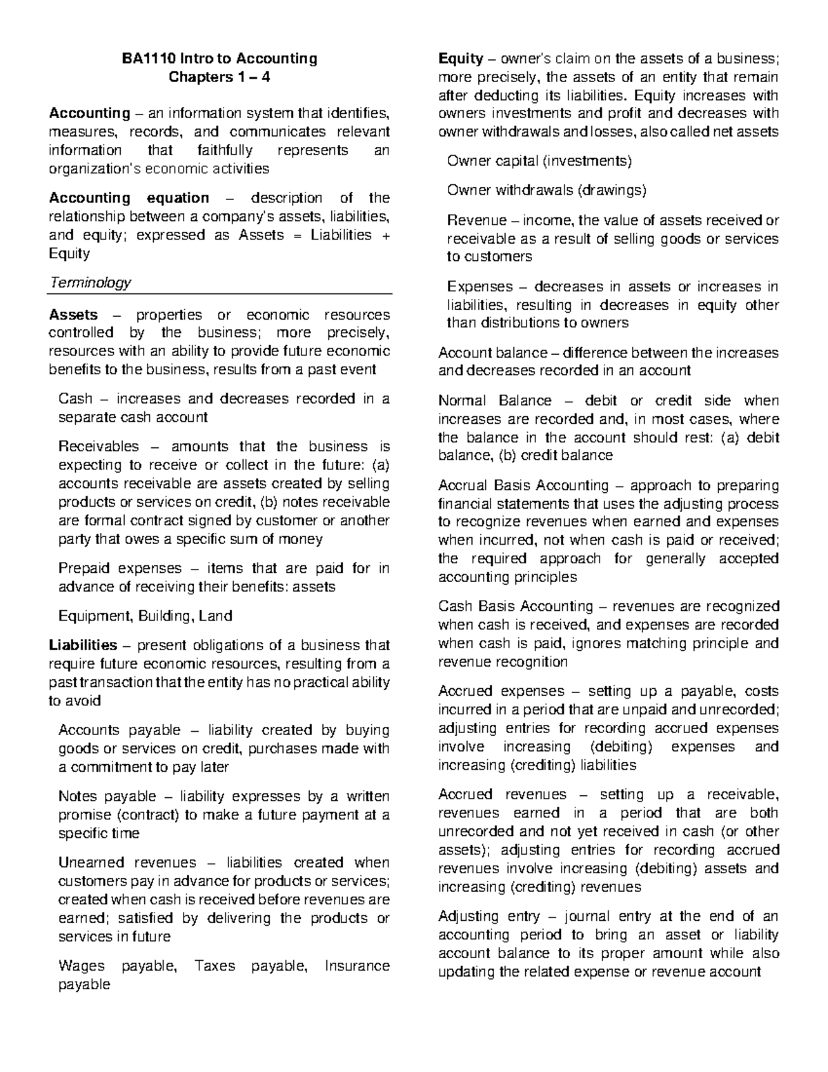 Chap 1-4 reviewer summary - BA1110 Intro to Accounting Chapters 1 – 4 ...