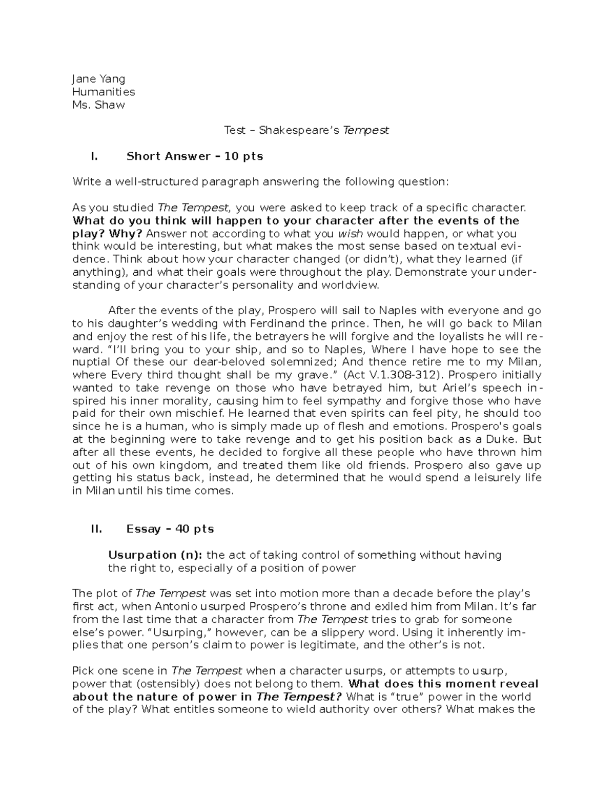 2021 Tempest Test on William Shakespeare's Tempest - Jane Yang ...