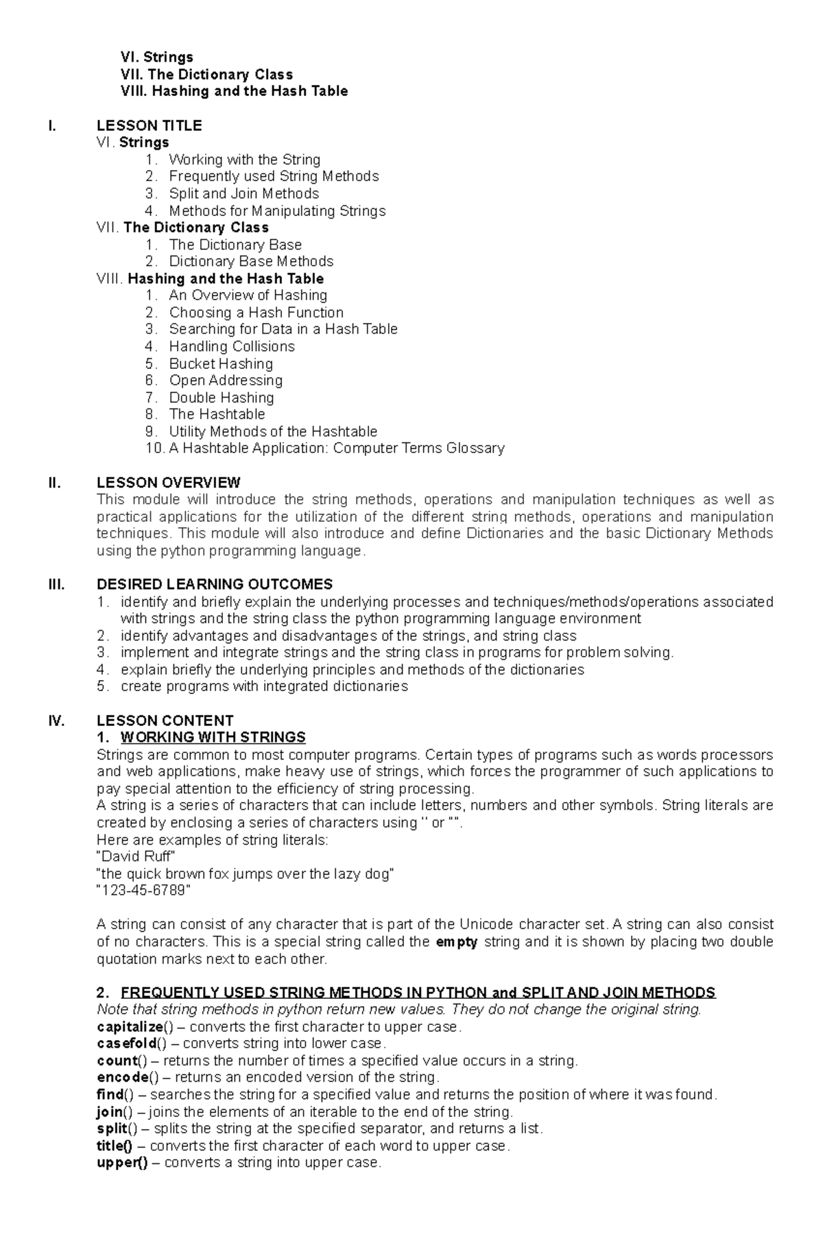 Data Structures and Algorithms IM4 - VI. Strings VII. The Dictionary ...