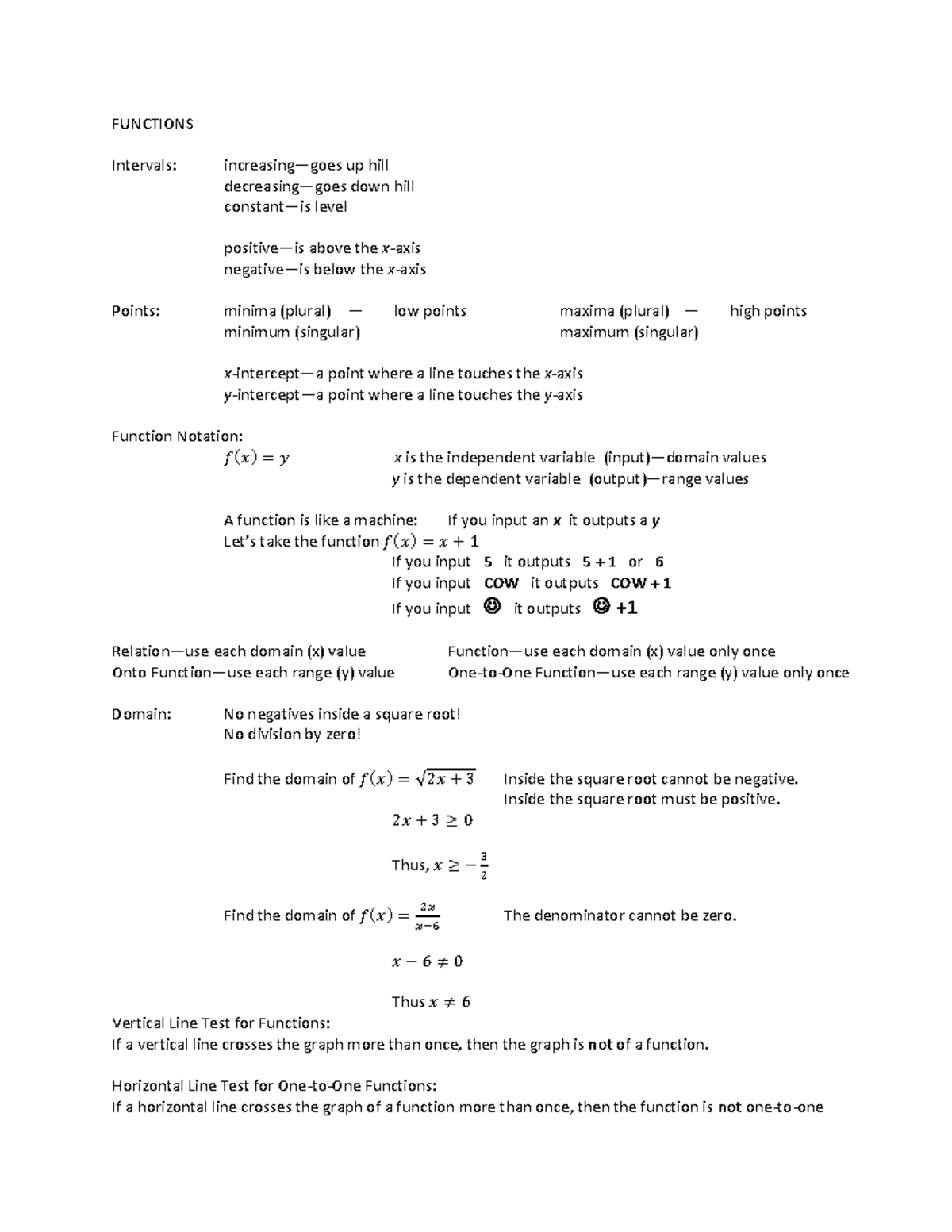 Notes Functions - FUNCTIONS Intervals: increasing—goes up hill ...