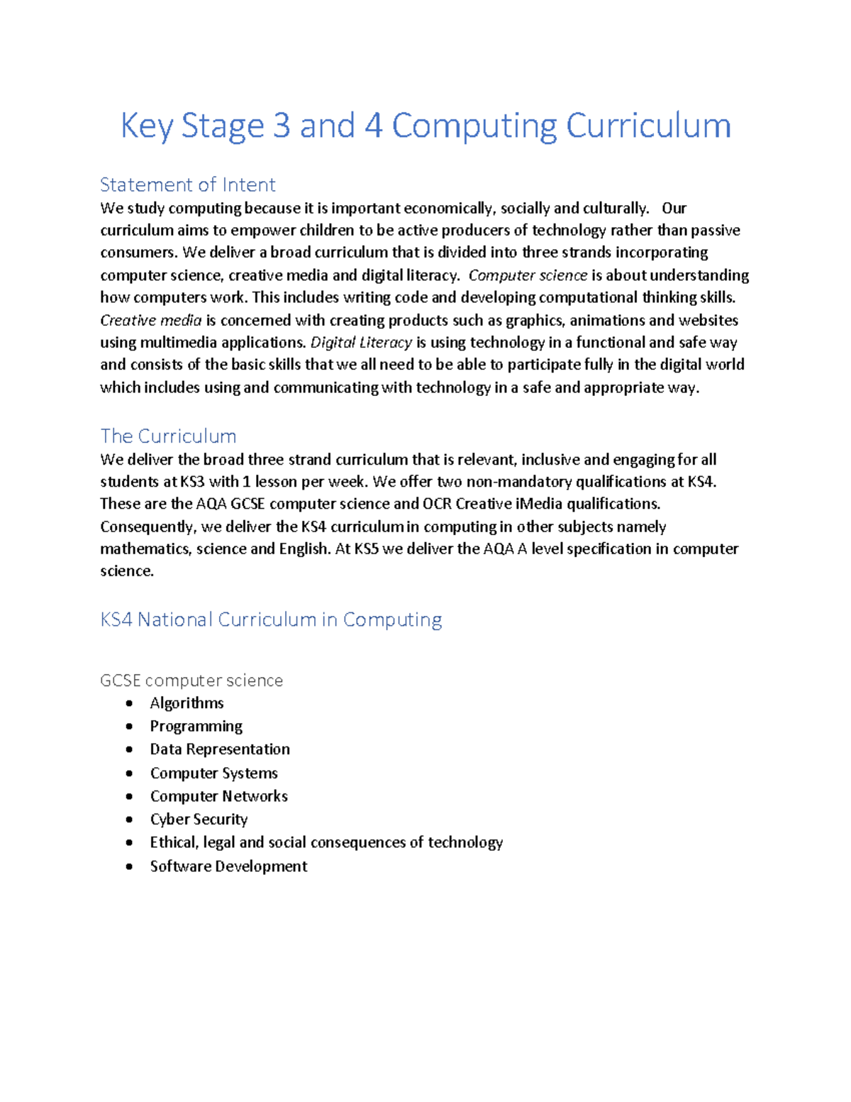 KS3-4 computing curriculum - Key Stage 3 and 4 Computing Curriculum ...