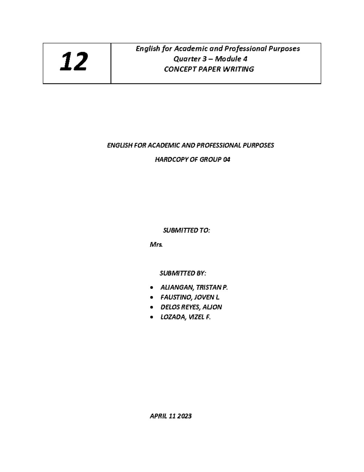 Front PAGE - Critique Paper - 12 English for Academic and Professional ...