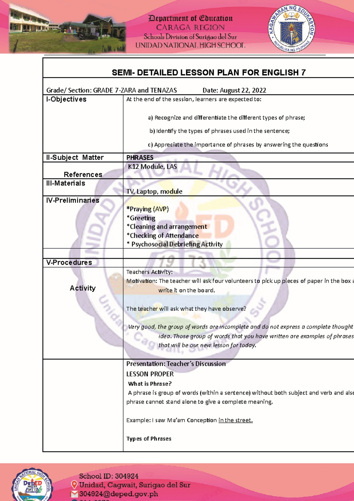 Week 1 lesson plan 2022 - English - SEMI- DETAILED LESSON PLAN FOR ...