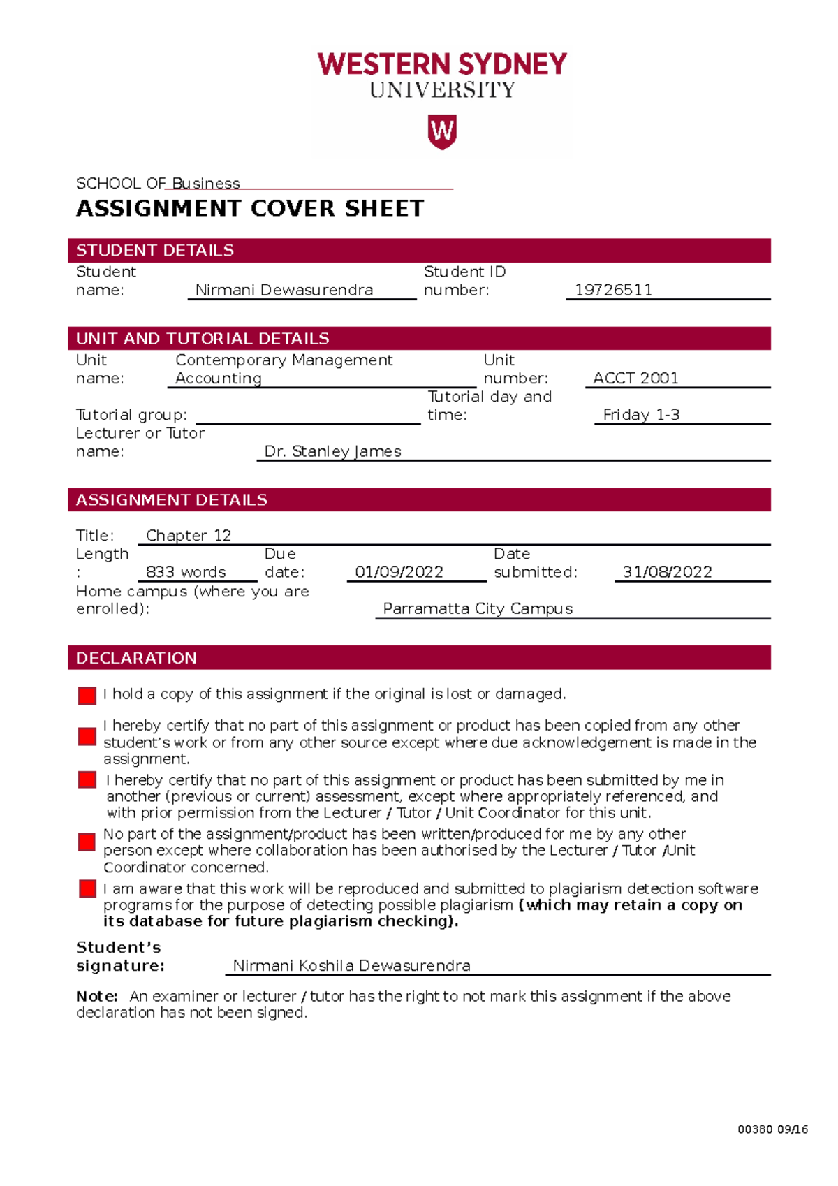 Chapter 12 CMA HW - Management Accounting - SCHOOL OF Business ...