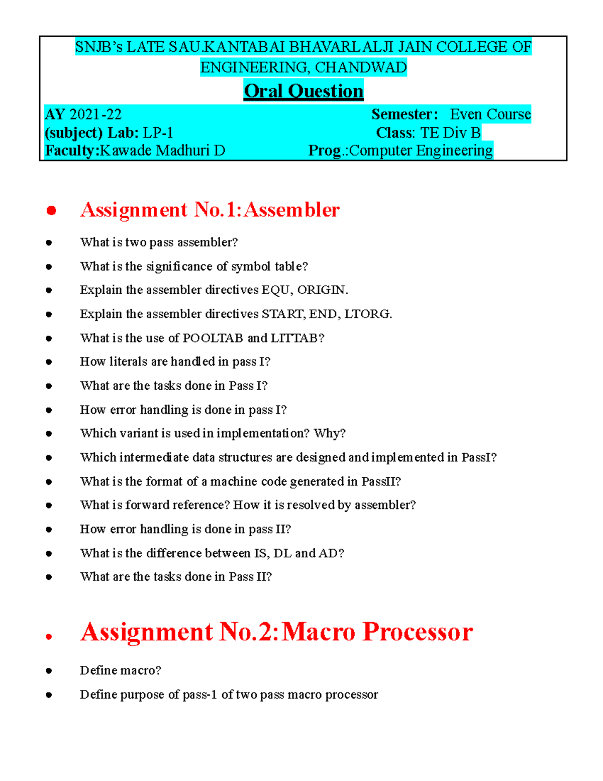 LP-I Oral Question - Oral QB - SNJB’s LATE SAU BHAVARLALJI JAIN COLLEGE ...