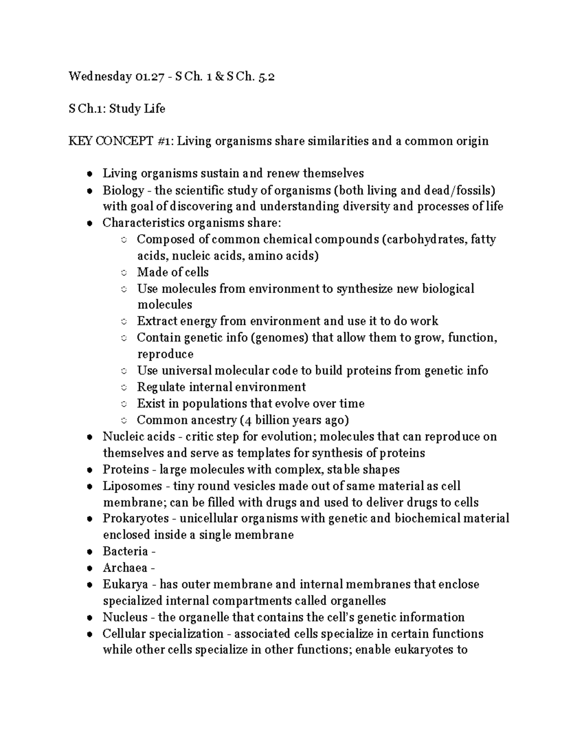 Exam 1 - Week 1 - Wednesday 01 - S Ch. 1 & S Ch. 5. S Ch: Study Life ...