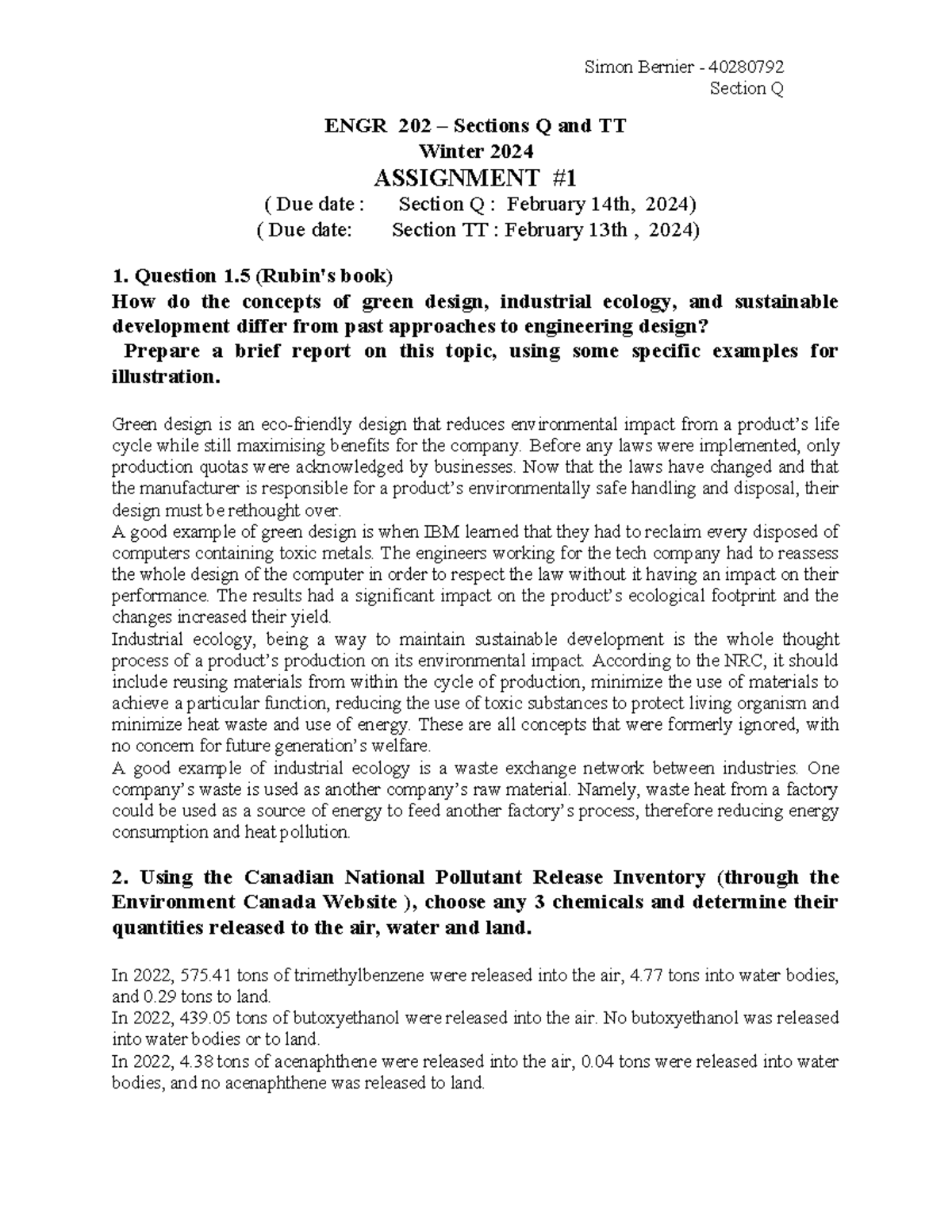 Assignment 1 completed - Simon Bernier - 40280792 Section Q ENGR 202 – Sections Q and TT Winter ...