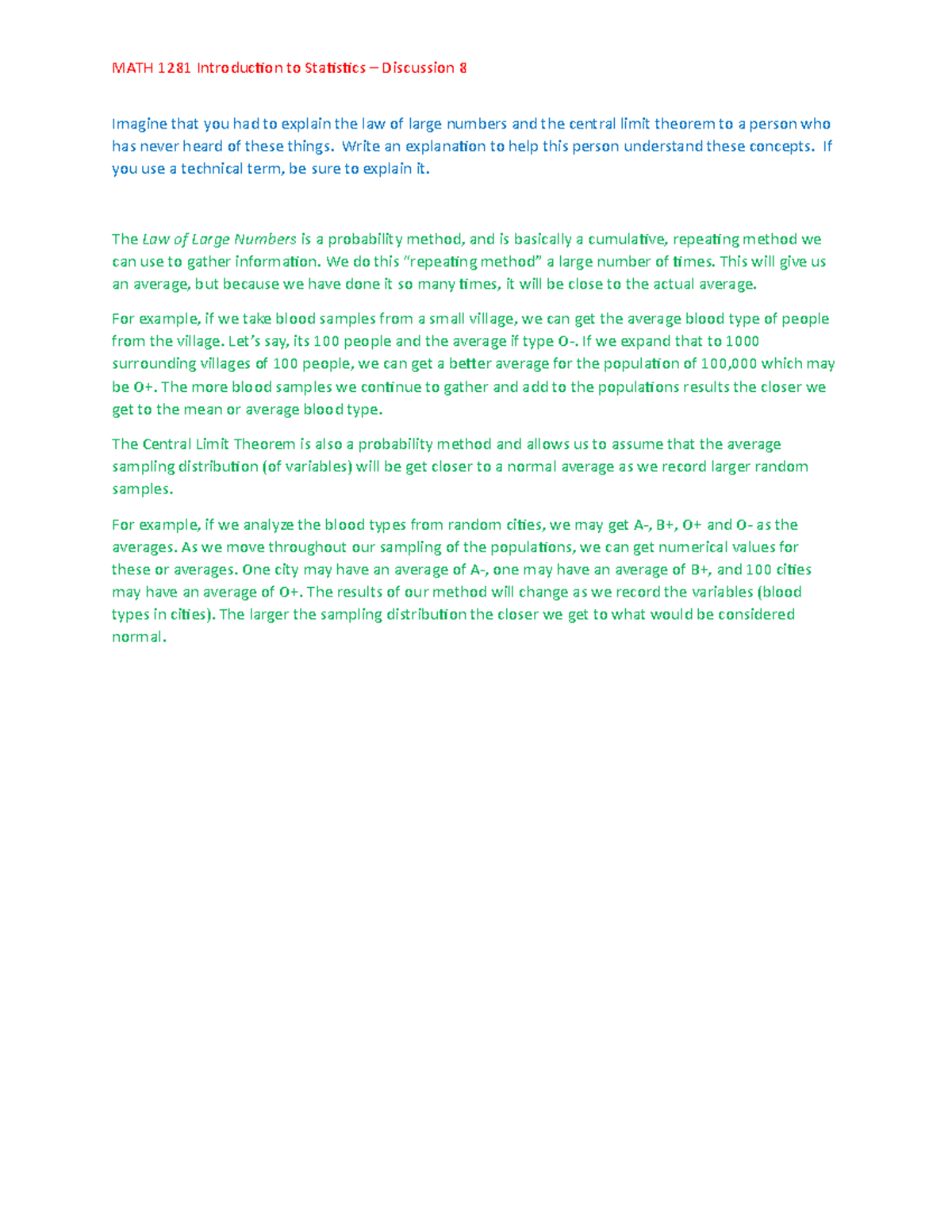 Math 1280 Discussion 8 Math 1281 Introduction To Statistics Discussion 8 Imagine That You