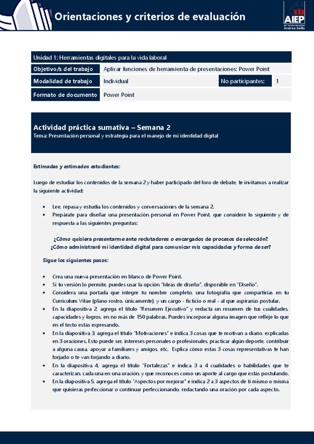 Actividad Sumativa Semana 2 - Orientaciones y criterios de evaluación Unidad 1: Herramientas ...