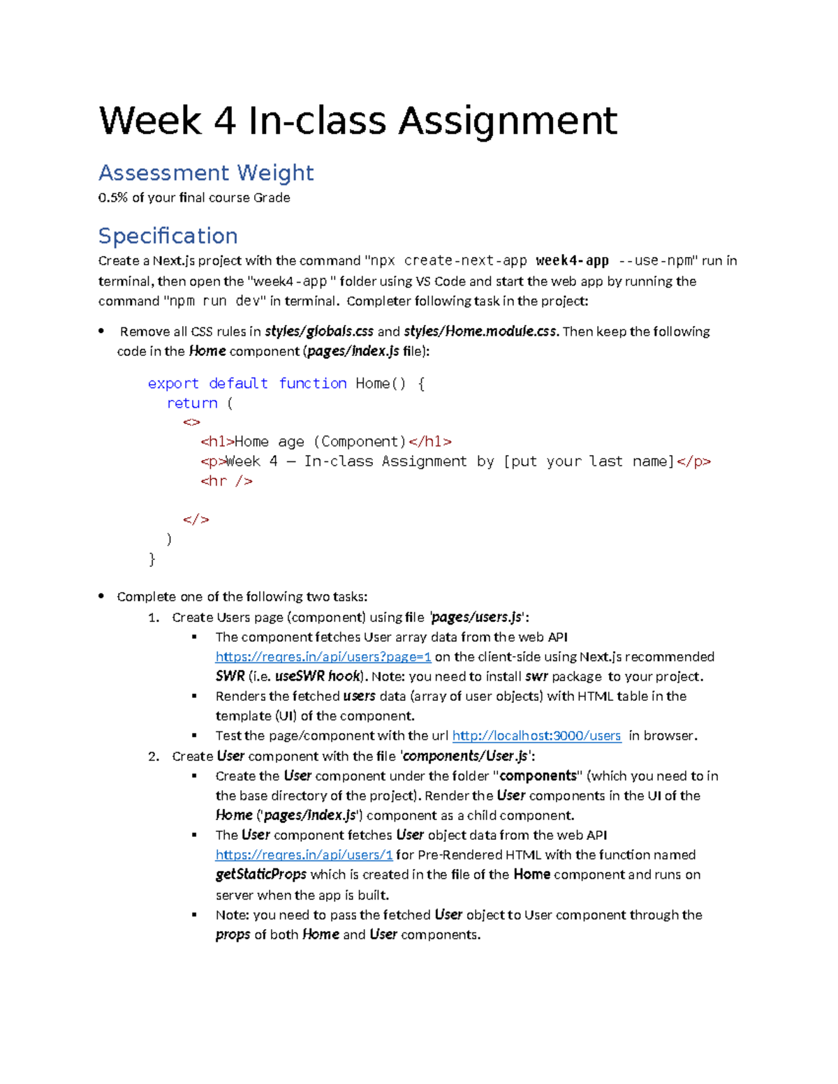WEB422 Week 4 In-class Assignment - Week 4 In-class Assignment Assessment Weight 0% of your ...