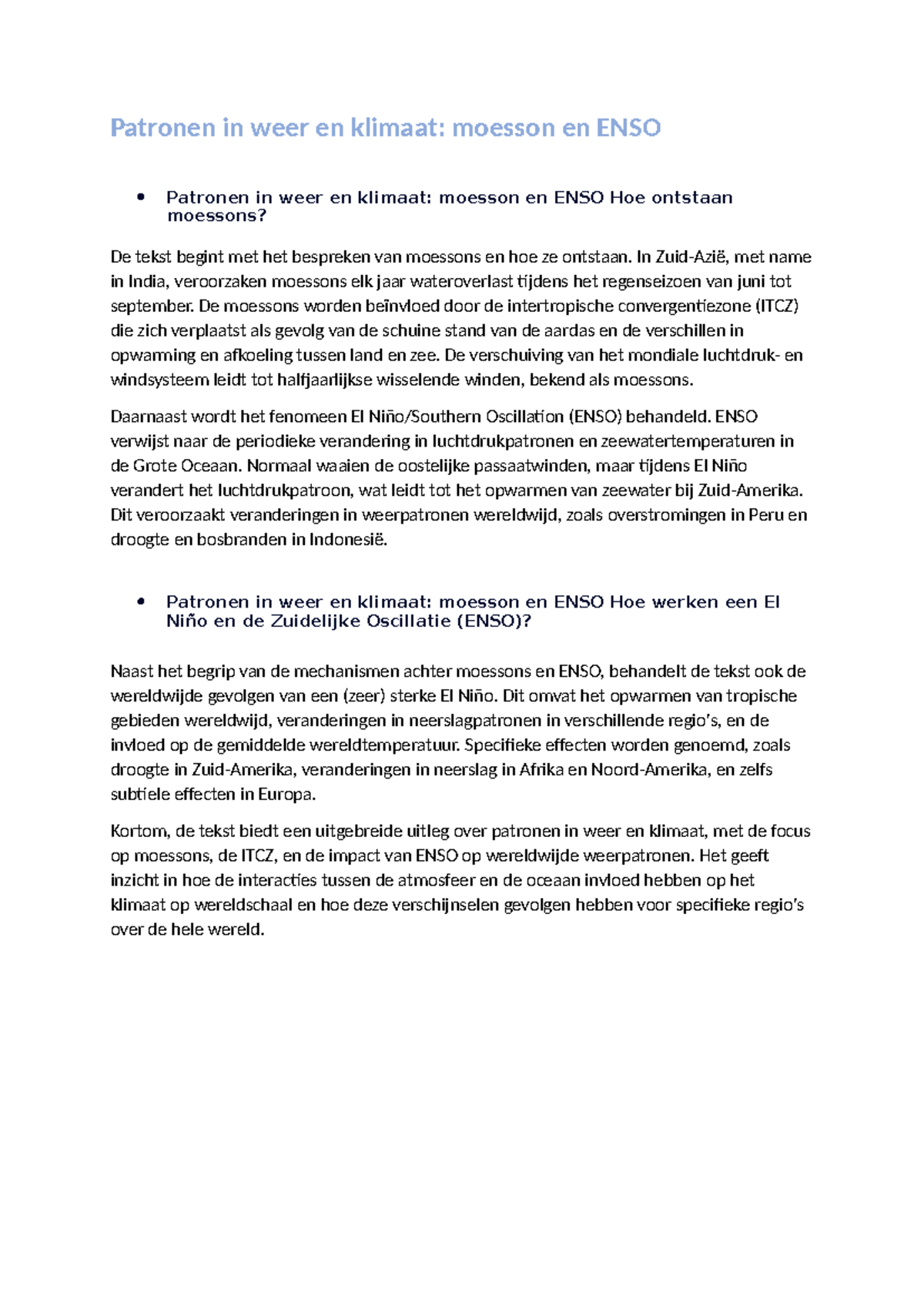 Ak h1 par 4 - samenvatting - Patronen in weer en klimaat: moesson en ...
