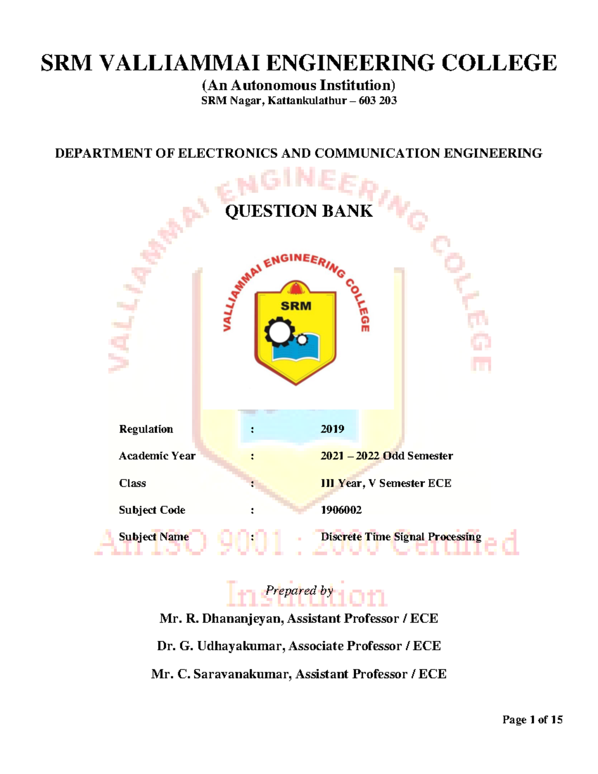 discrete time signal processing - SRM VALLIAMMAI ENGINEERING COLLEGE ...