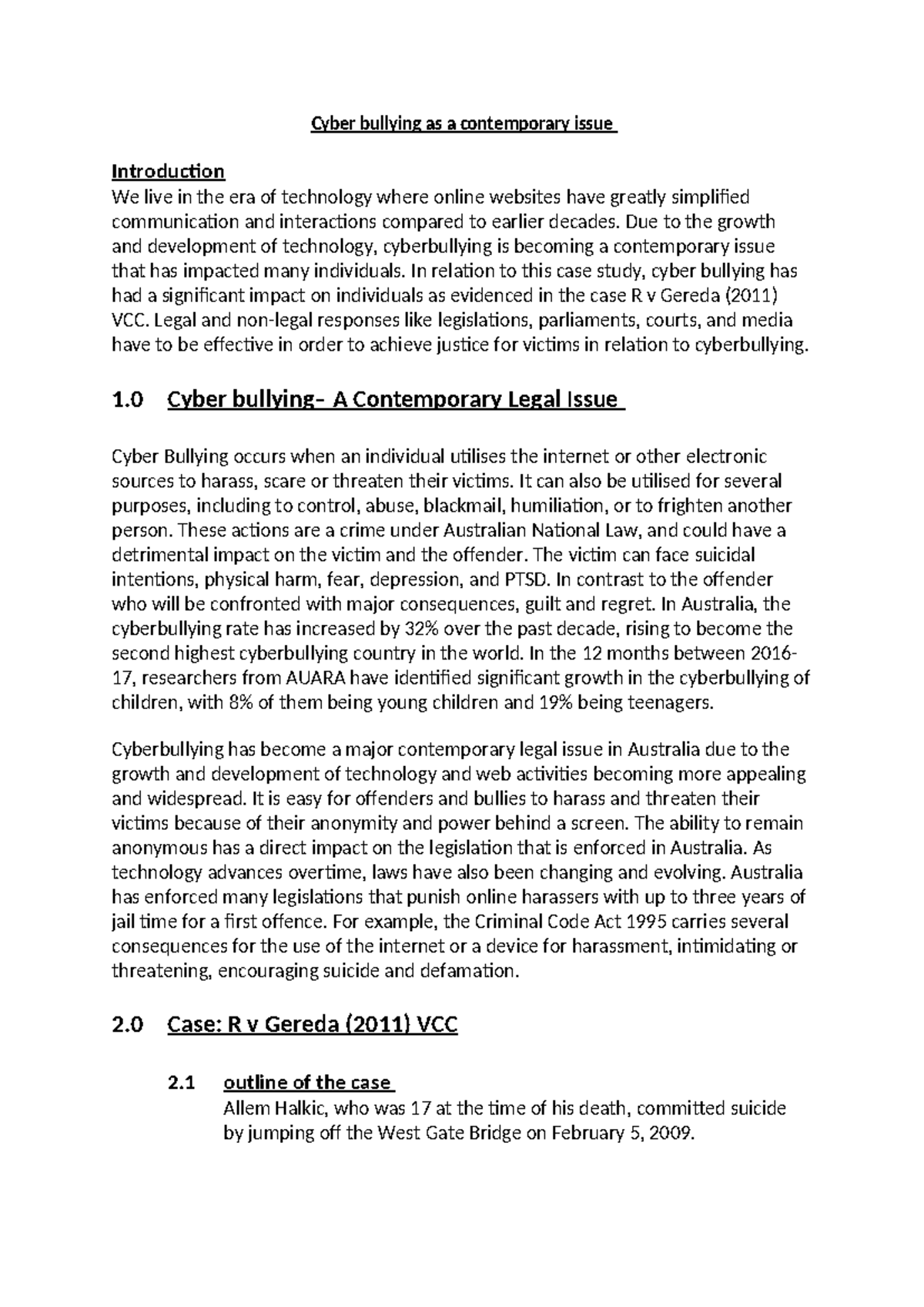 Cyber bullying - legal assignments - Cyber bullying as a contemporary ...