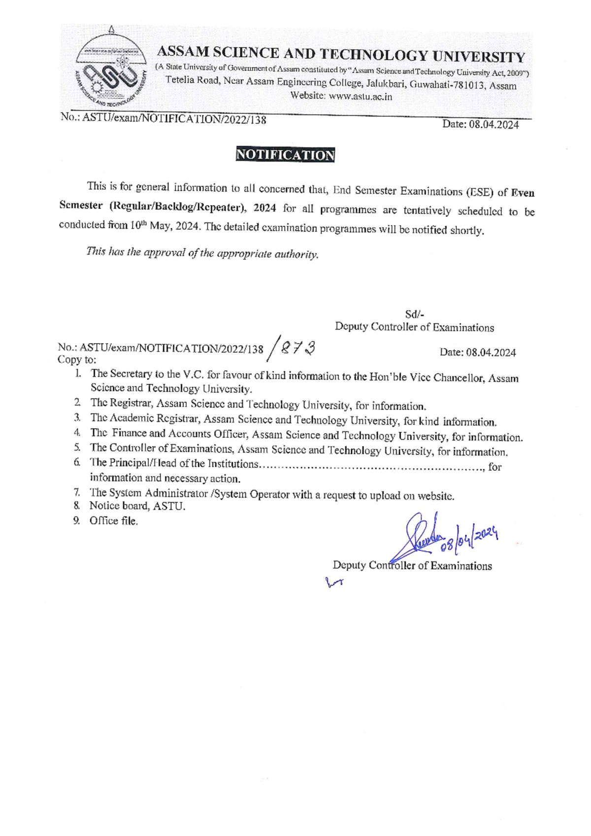 Notification regarding End Semester Examinations ESE of Even Semester 2024 - electrical ...