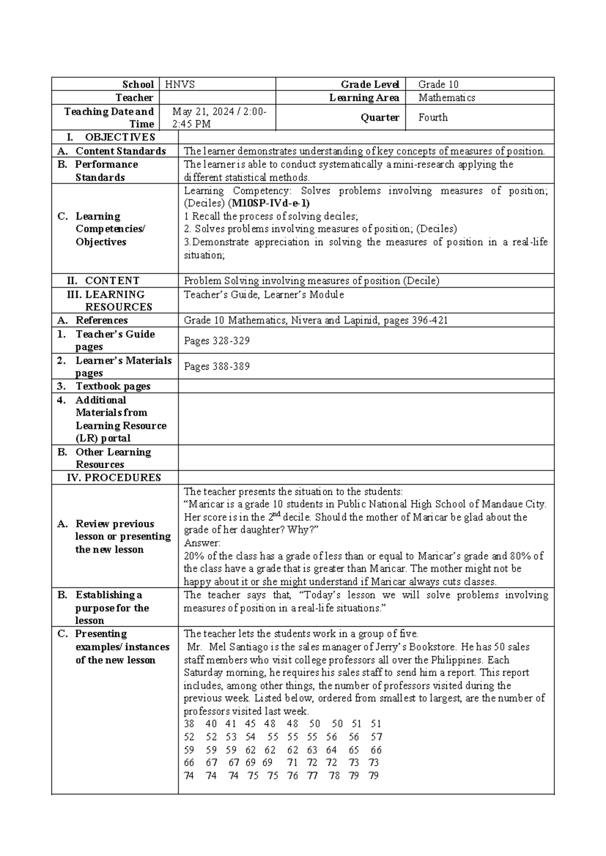 sample lesson plan - School HNVS Grade Level Grade 10 Teacher Learning ...