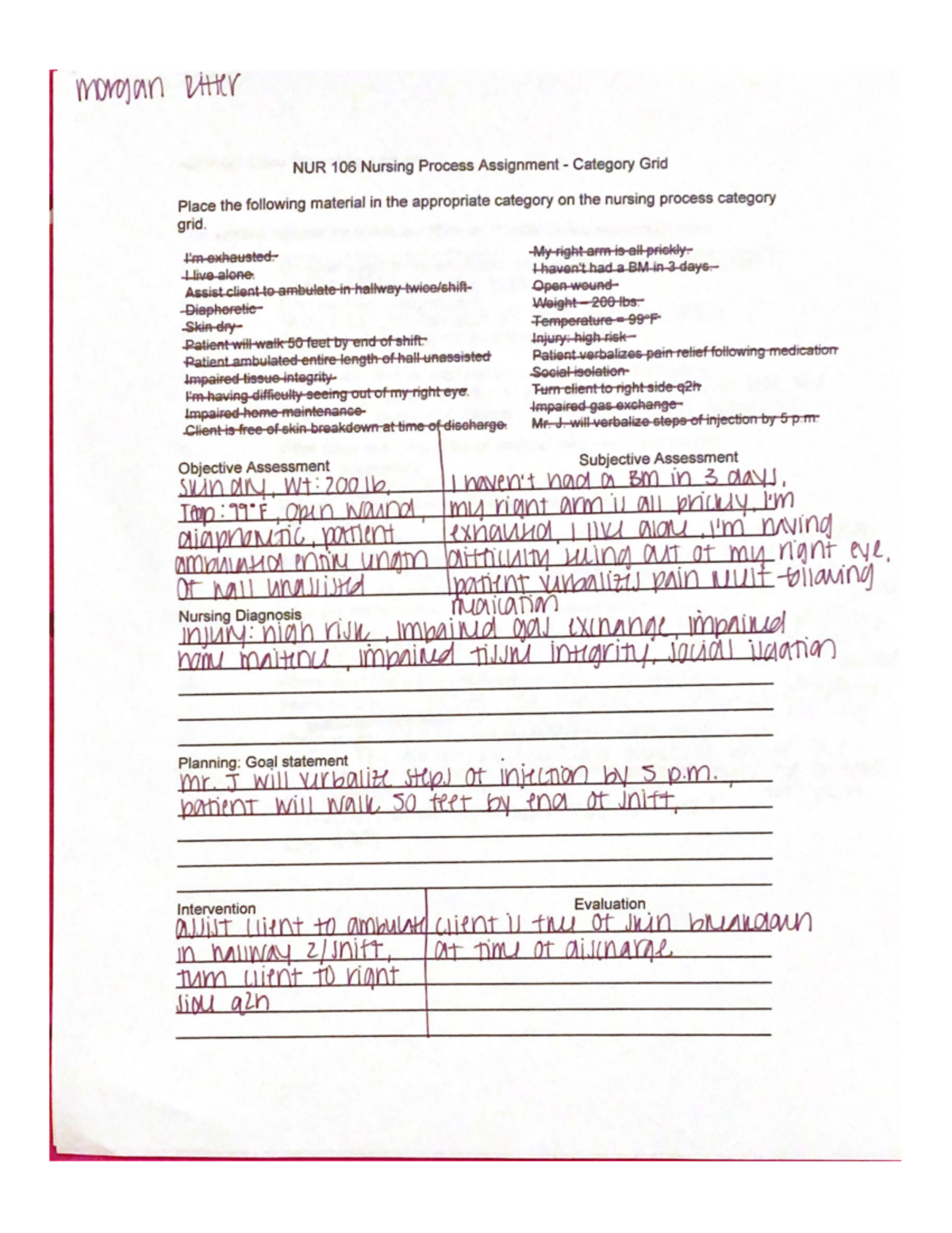 Nursing Process Assignment - NUR 106 - Studocu
