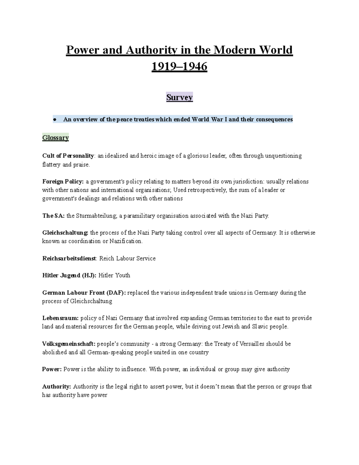 Power and Authority in the Modern World 1919–1946 Notes - Power and ...