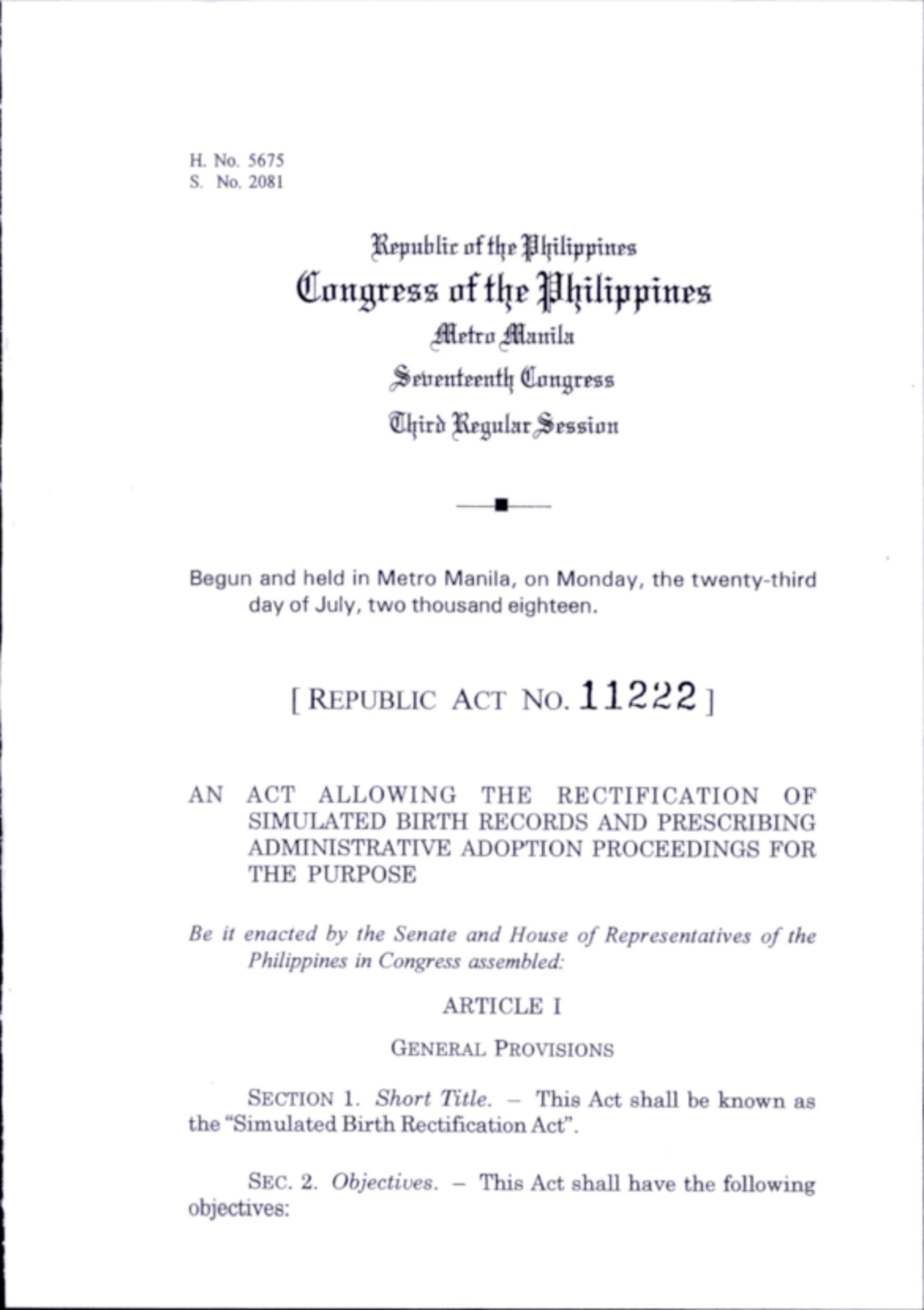RA 11222 - Rectification of simulated birth - H. No. 5675 S. No. 2081 ...
