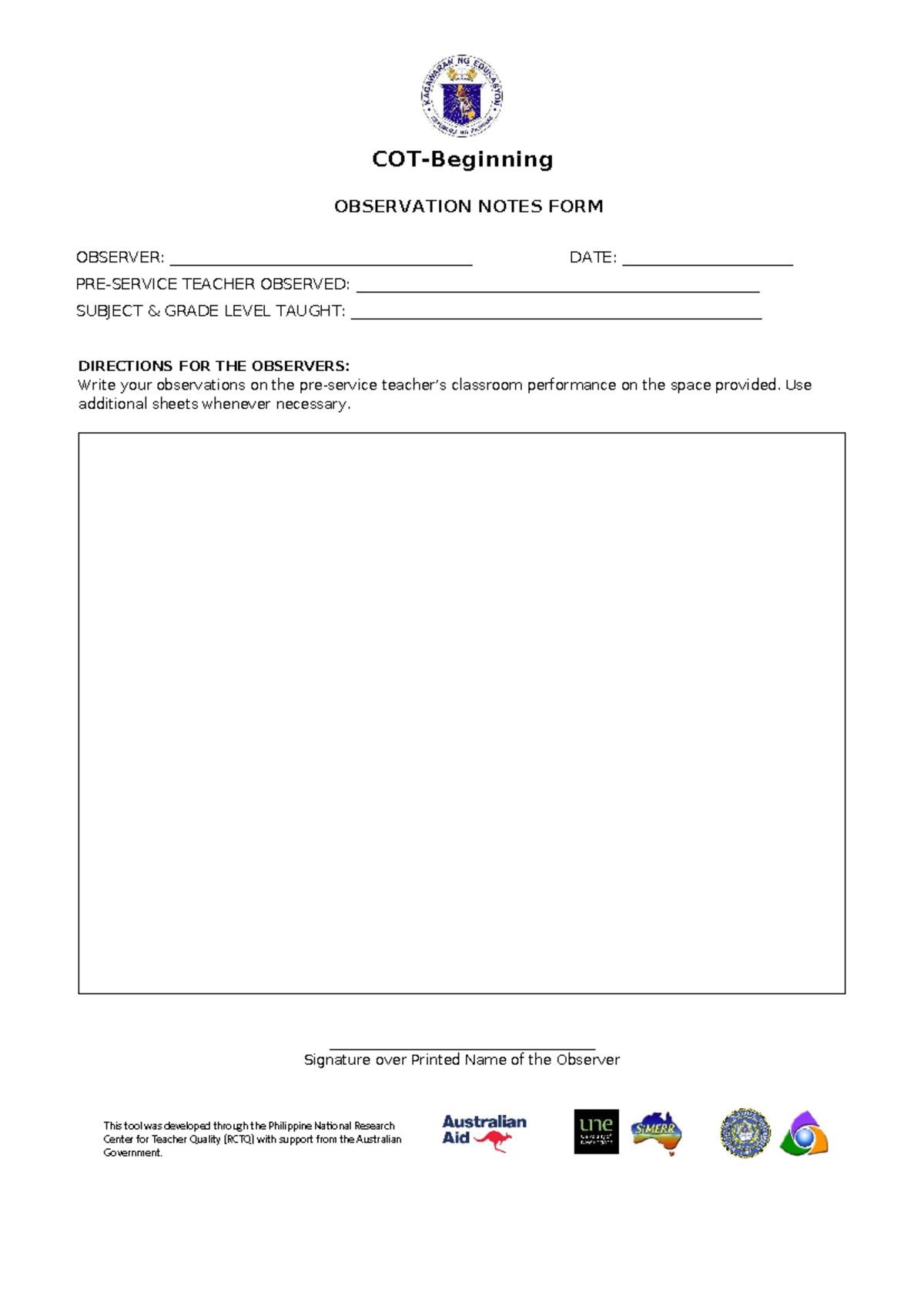 COT Beginning Observation Notes Form - OBSERVATION NOTES FORM OBSERVER ...