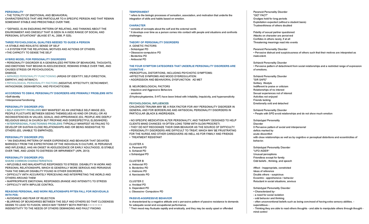 Personality Disorder - Notes - PERSONALITY • THE TOTALITY OF EMOTIONAL ...