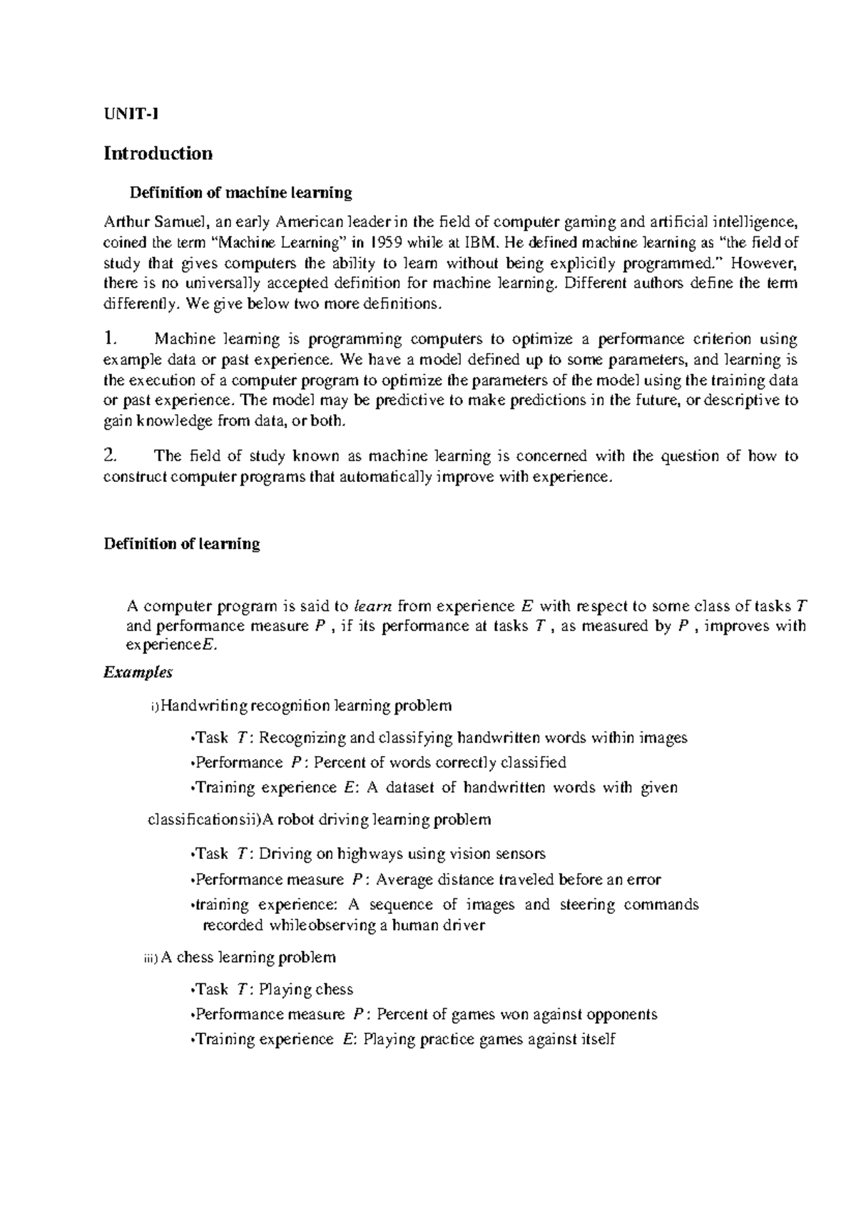 Machine Learning Unit 1 - UNIT-I Introduction Definition of machine ...