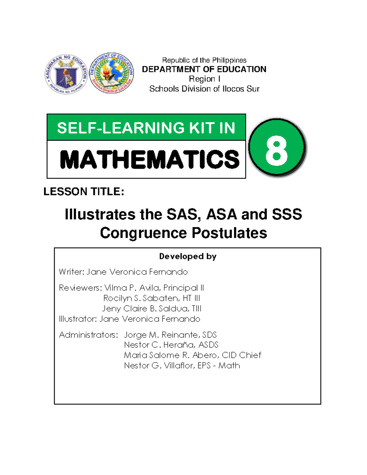 Final - LESSON TITLE: Illustrates the SAS, ASA and SSS Congruence ...