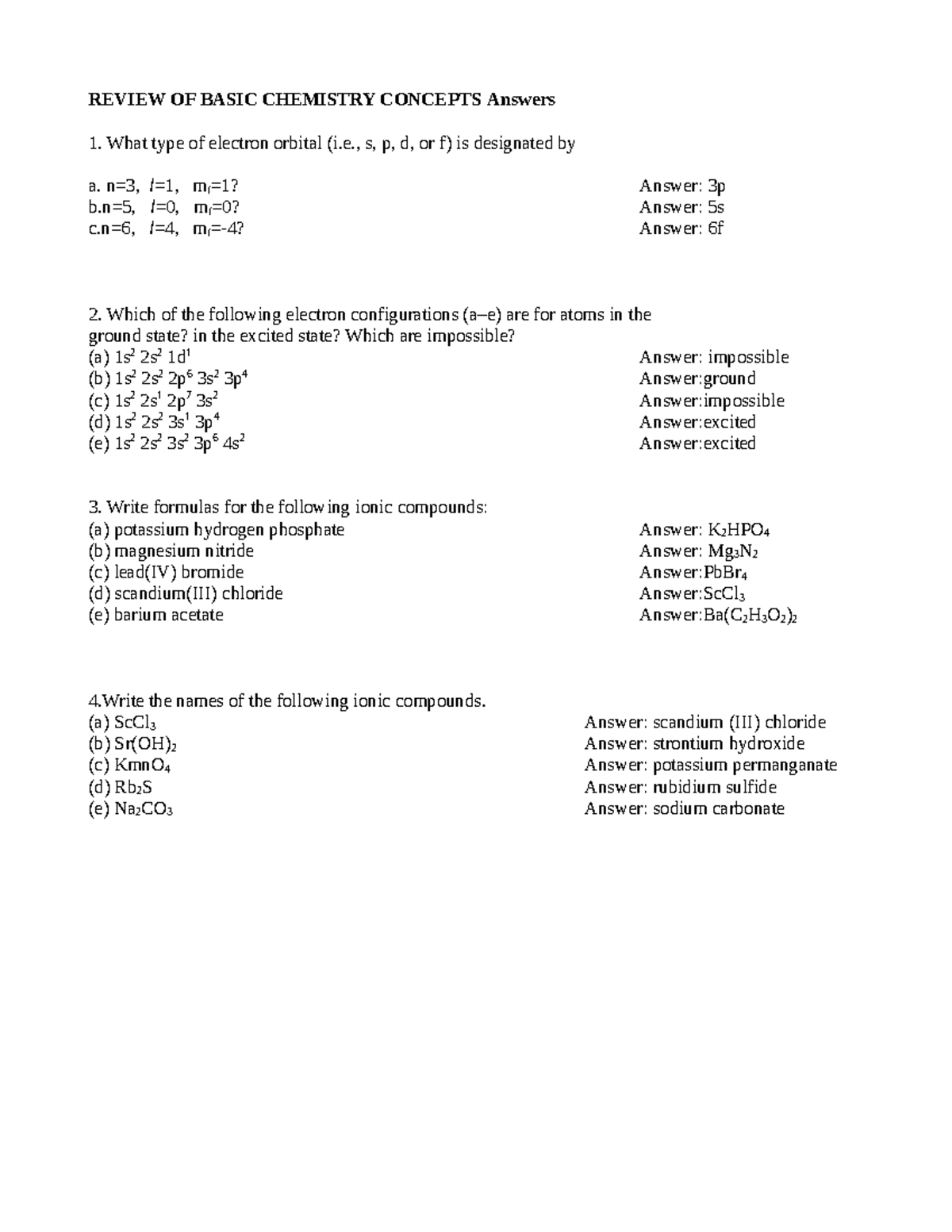 Quiz #1 Answer's Key - Sample Quiz - REVIEW OF BASIC CHEMISTRY CONCEPTS ...