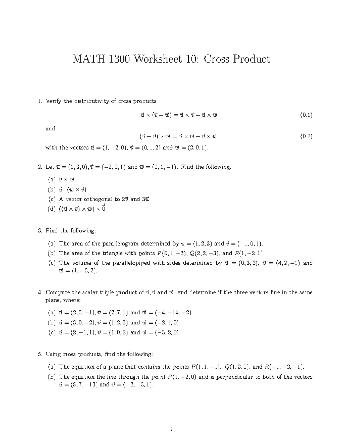 Worksheets10 for vector and geometry and linear algebra - MATH 1300 ...
