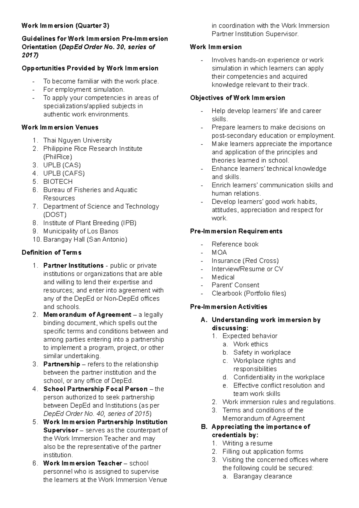 Work Immersion Quarter 3 - 30, series of 2017) Opportunities Provided ...
