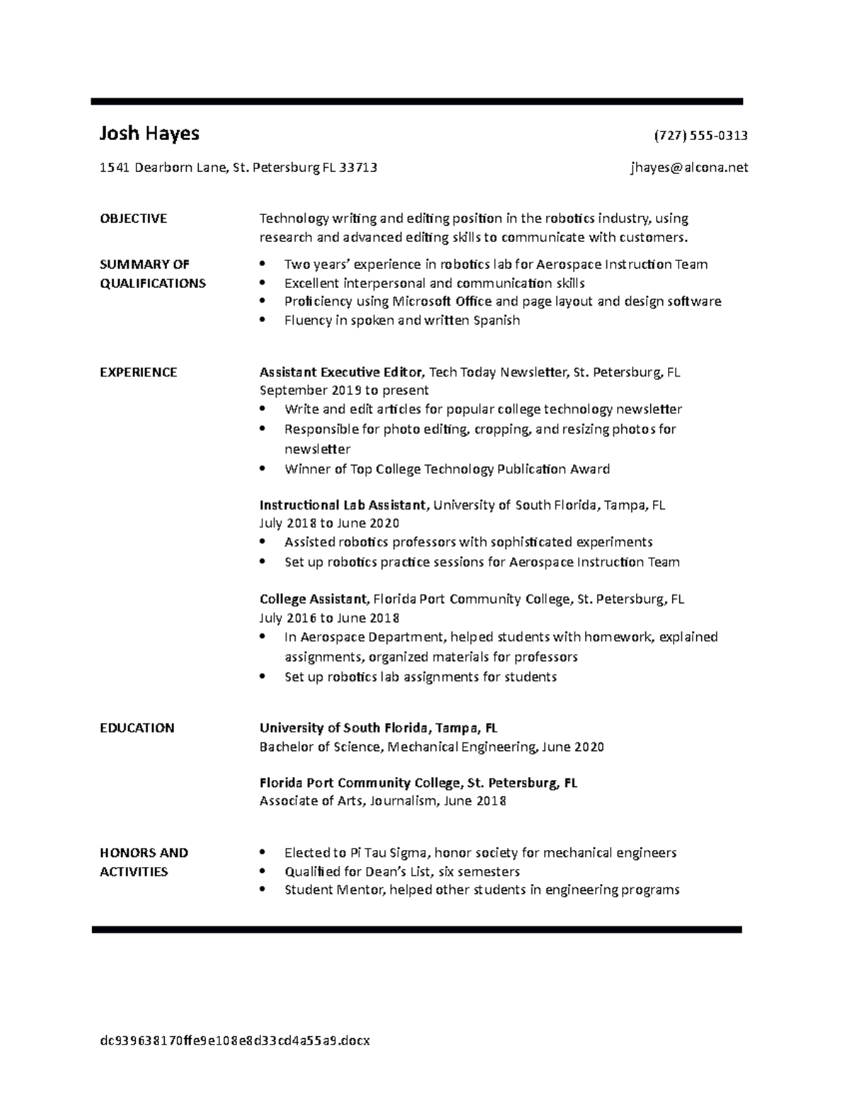 12A Resume assignment - Josh Hayes (727) 555- 1541 Dearborn Lane, St ...
