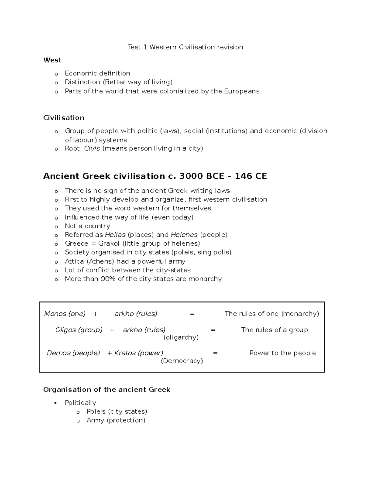 Test 1 Western Civilisation revision - Test 1 Western Civilisation ...