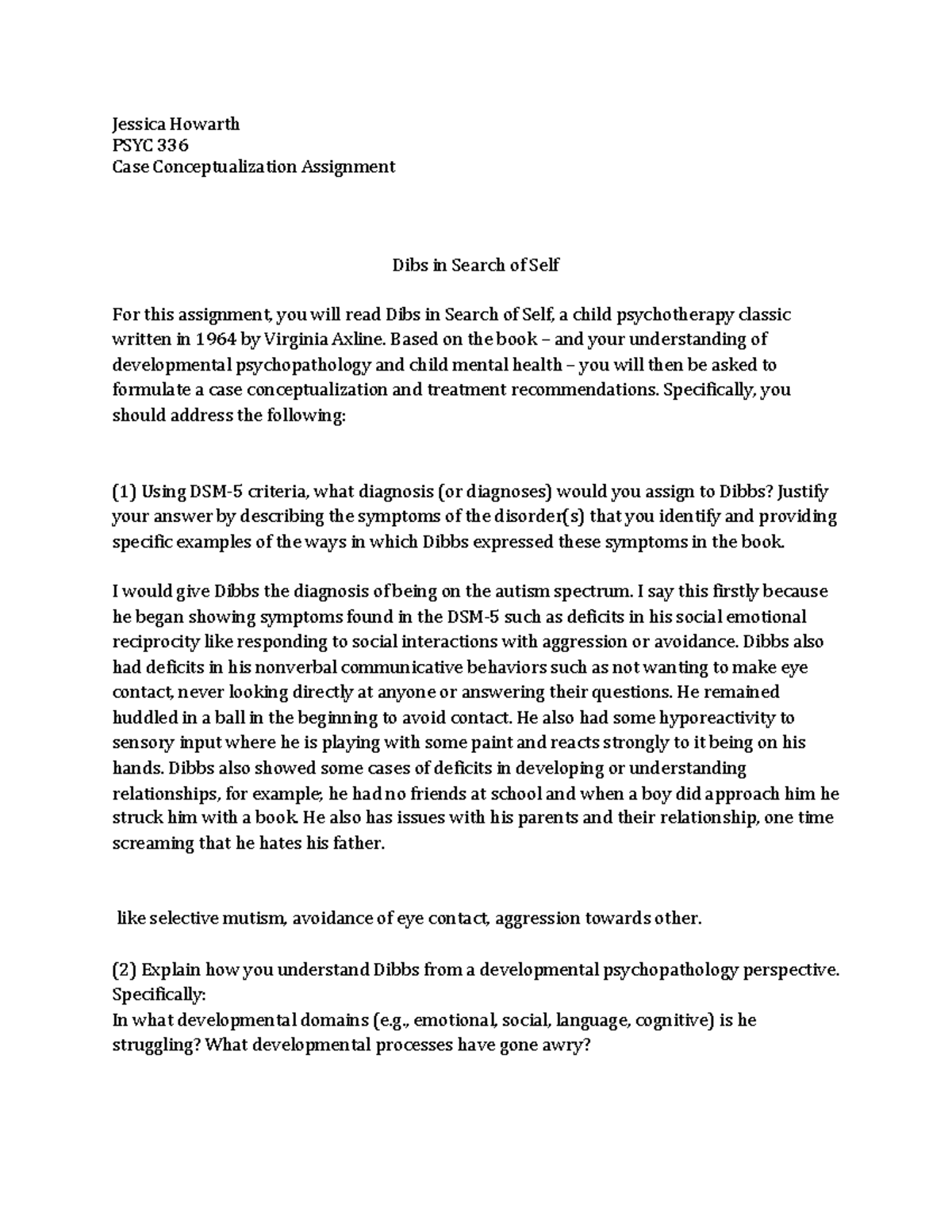 Dibbs in Search of Self Case Conceptualization Assignment - Jessica ...