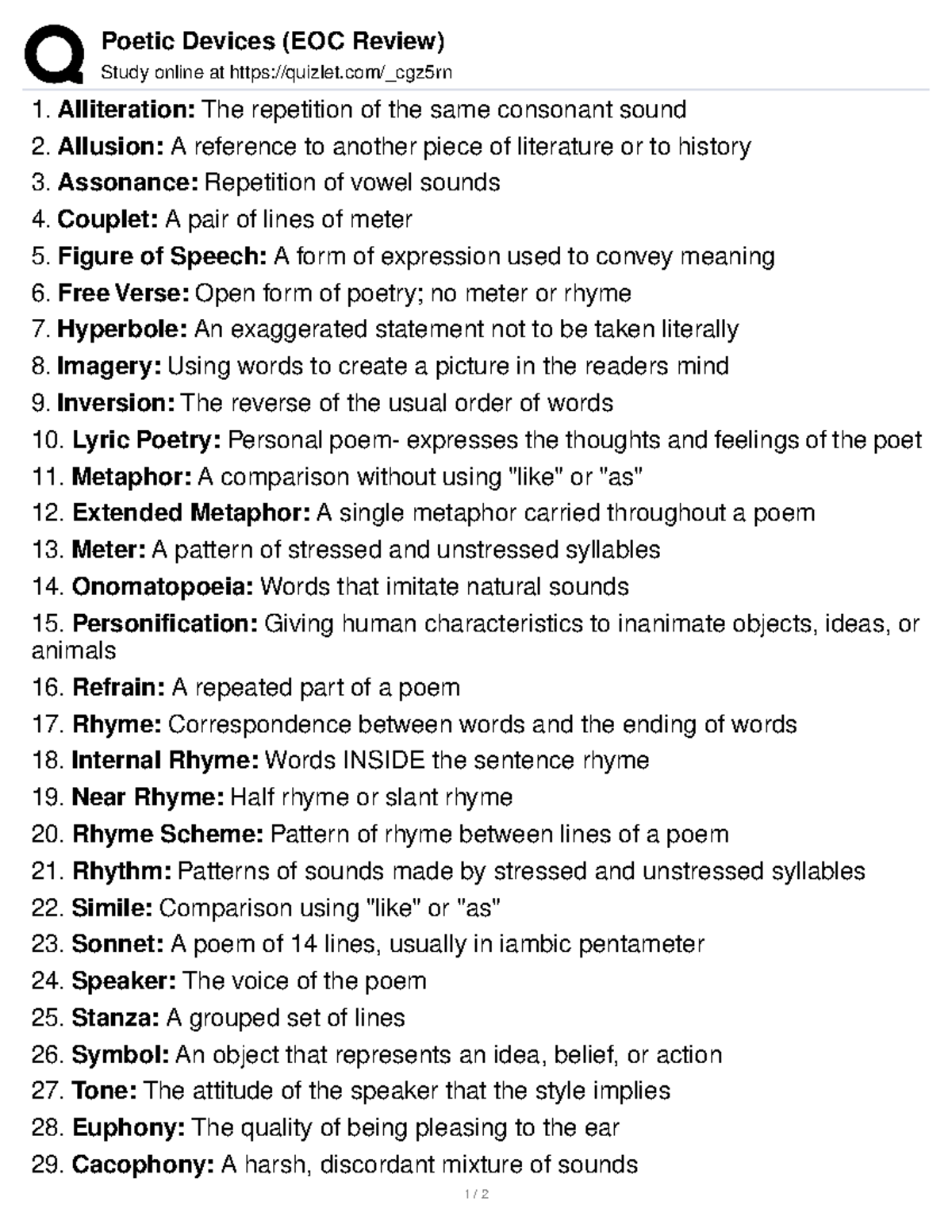 Poetic Devices (EOC Review) - Poetic Devices (EOC Review) Study online ...