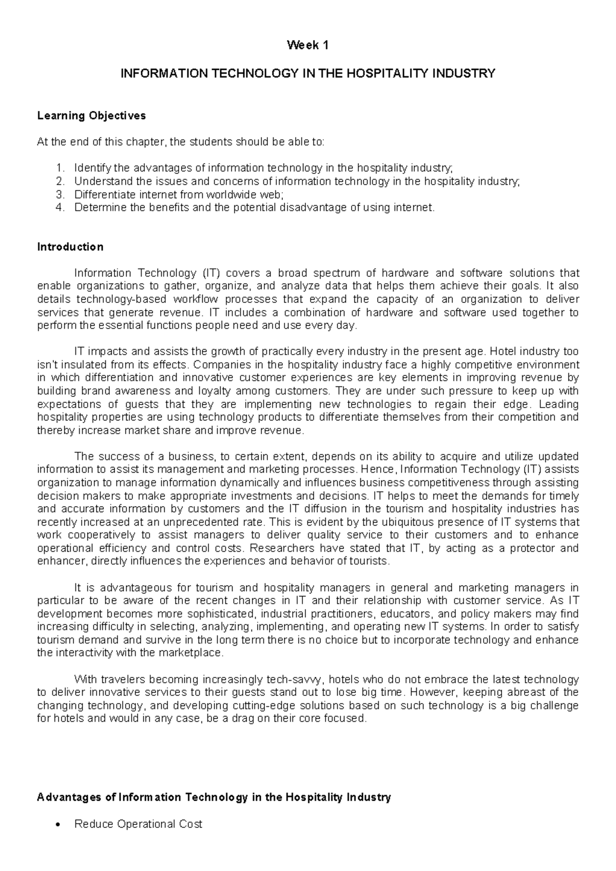 PMS Week 2 Chapter 1 - Notes - Week 1 INFORMATION TECHNOLOGY IN THE ...