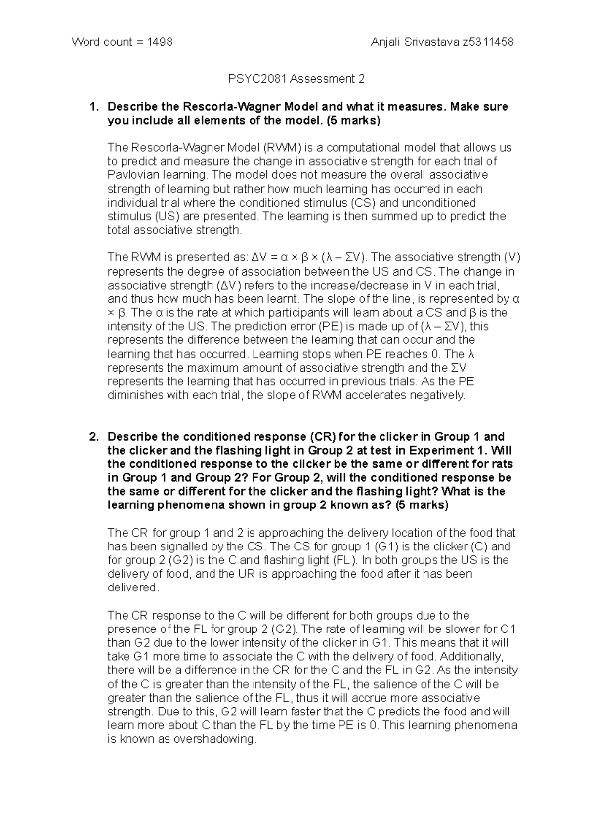 PSYC2081 Assessment 2 - Describe the Rescorla-Wagner Model and what it ...