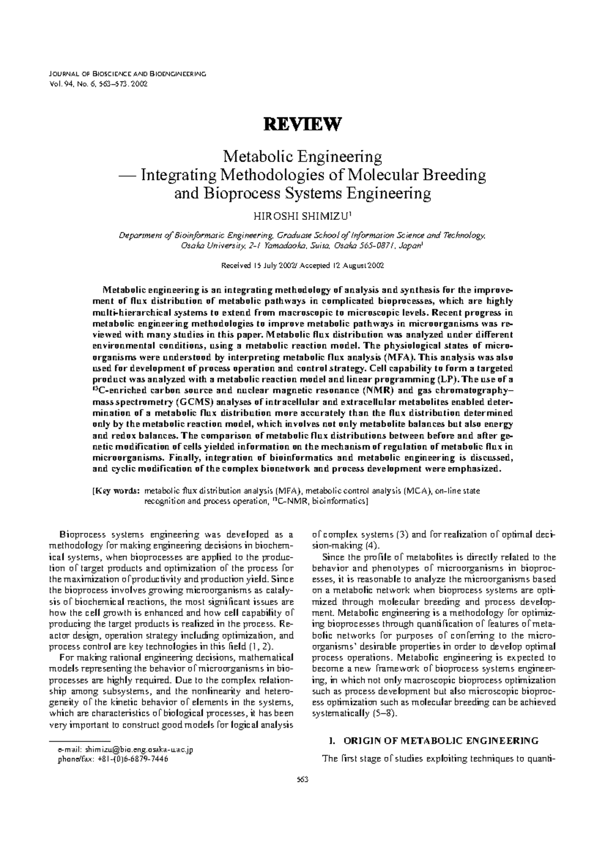 Metabolic Engineering 1 - 563 JOURNAL OF BIOSCIENCE AND BIOENGINEERING ...