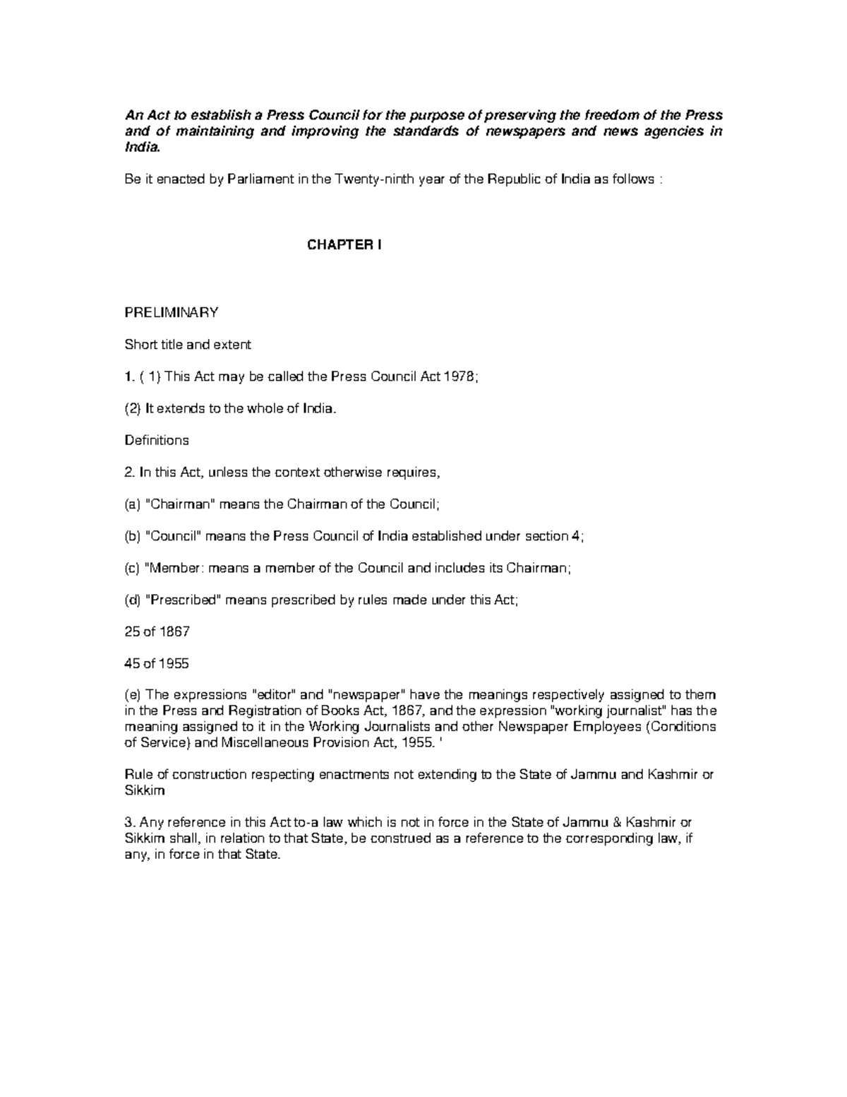 Press council act - Bare act - An Act to establish a Press Council for ...